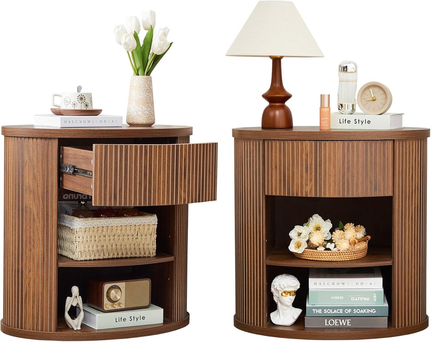 Fluted Round End Table with Storage Set of 2, Farmhouse Side Table with ...