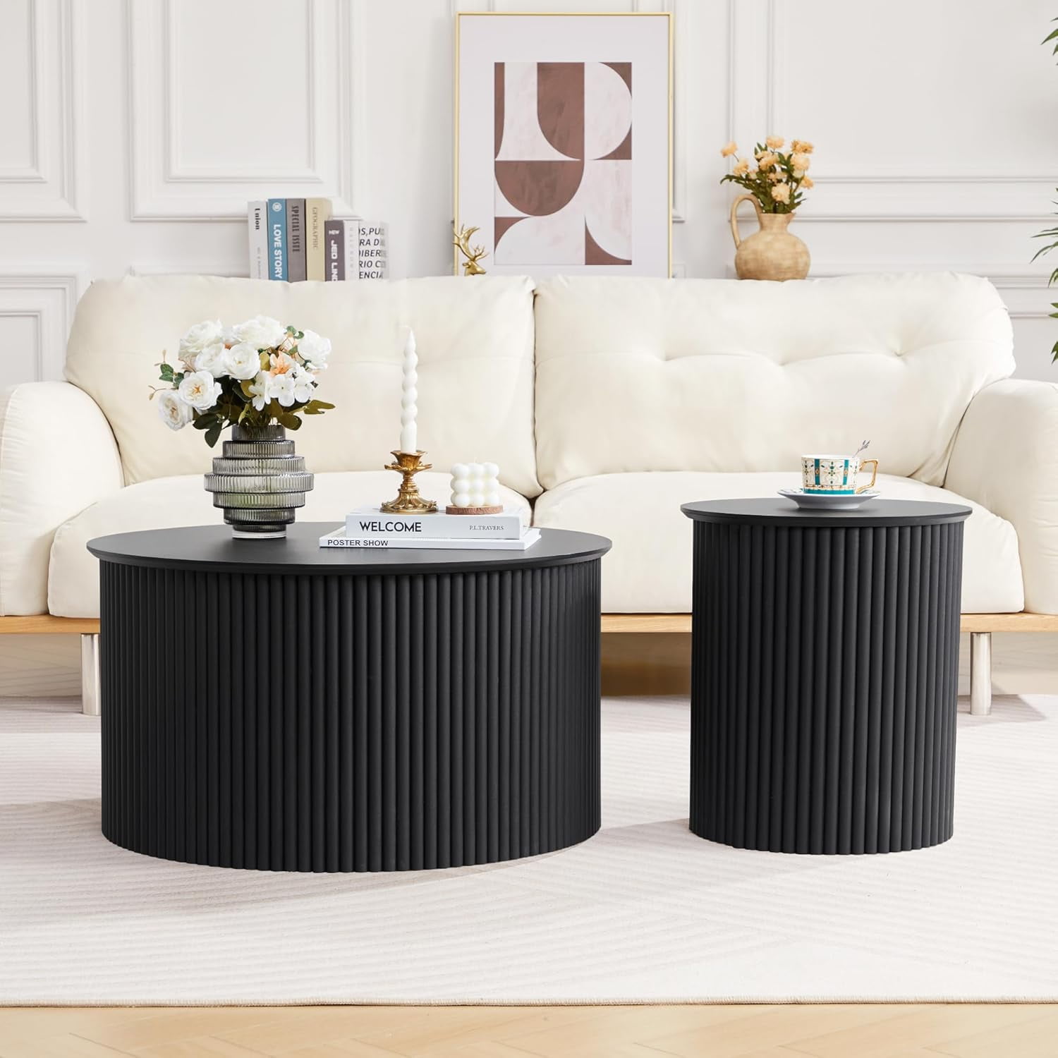 Fluted Round Nesting Coffee Table Set of 2, Mid Century Modern Wood ...