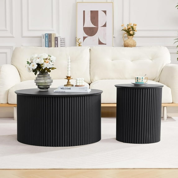 Fluted Round Nesting Coffee Table Set of 2, Mid Century Modern Wood ...