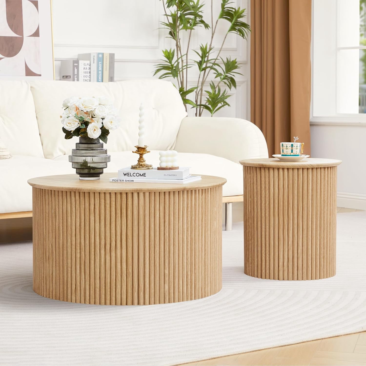 Fluted Round Nesting Coffee Table Set of 2, Mid Century Modern Wood ...