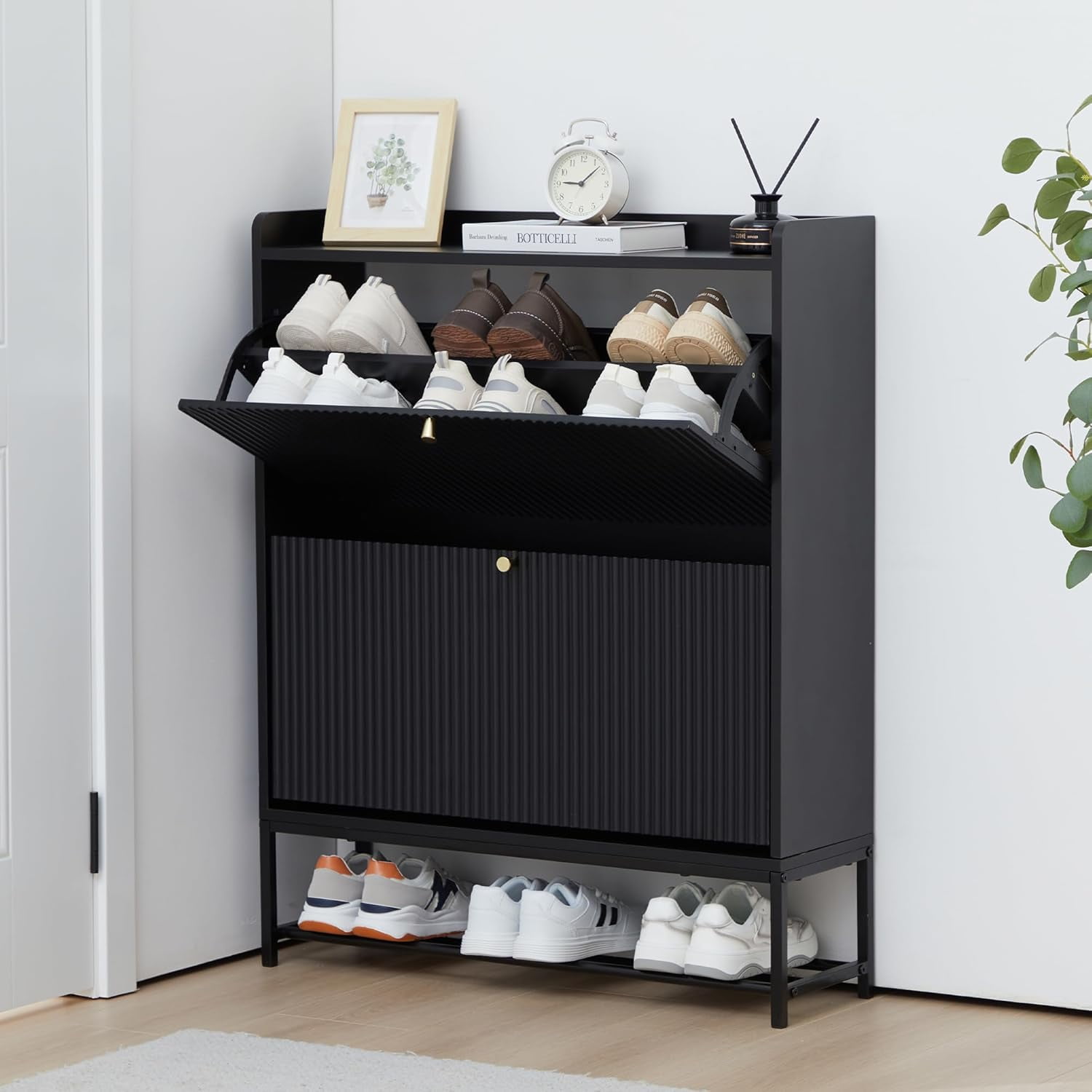 Fluted Shoe Cabinet with 2 Flip Drawers, Modern Slim Shoe Storage ...