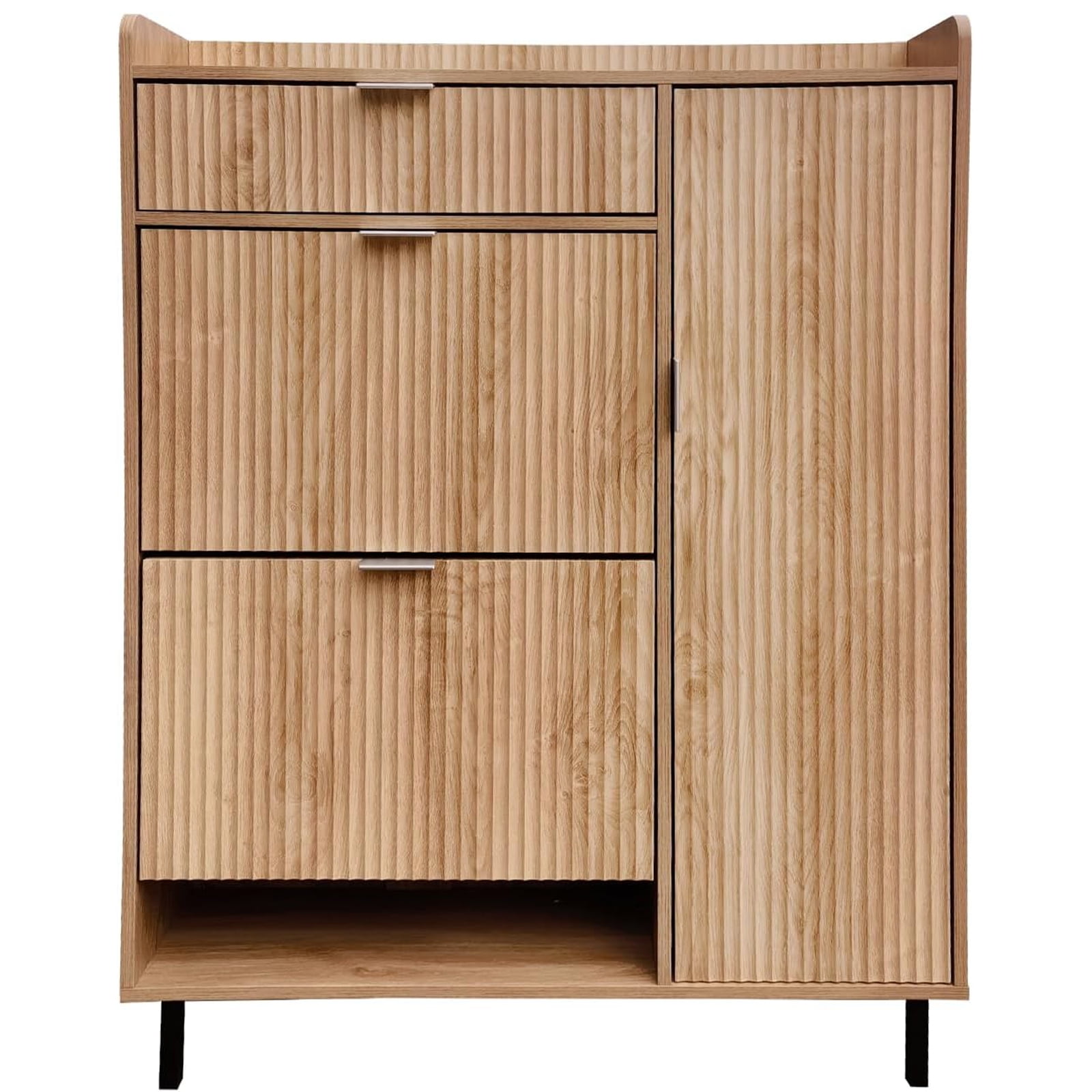 Fluted Shoe Cabinet, Narrow Shoe Storage Cabinet with 2 Flip Drawer, 3 Tier Side Cabinet, Open ...