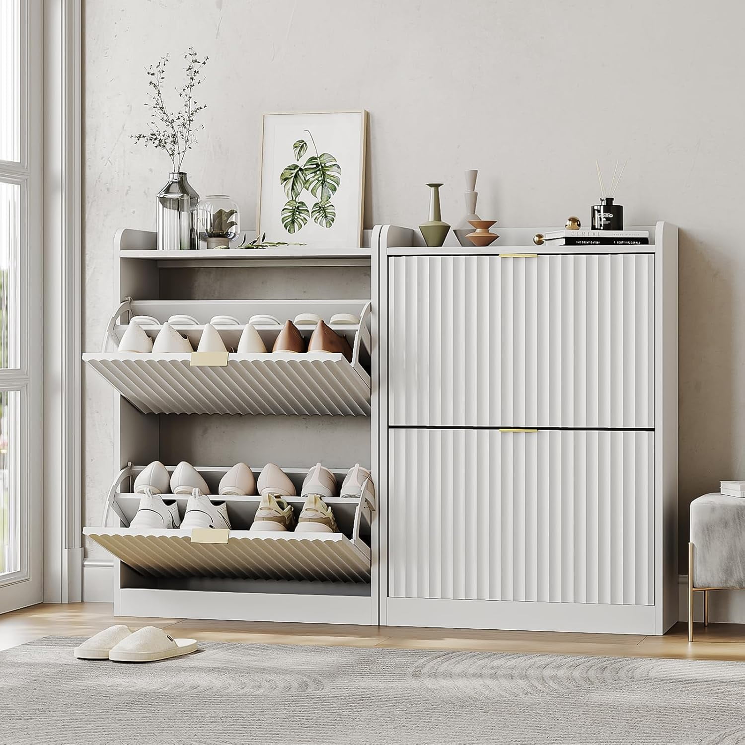 Fluted Shoe Cabinet Set of 2, Shoe Cabinet Storage for Entryway Slim ...