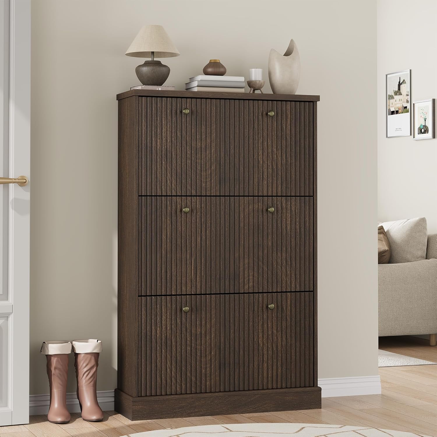 Fluted Shoe Cabinet with 3 Flip Drawers, Wooden Fluted Narrow Shoe ...