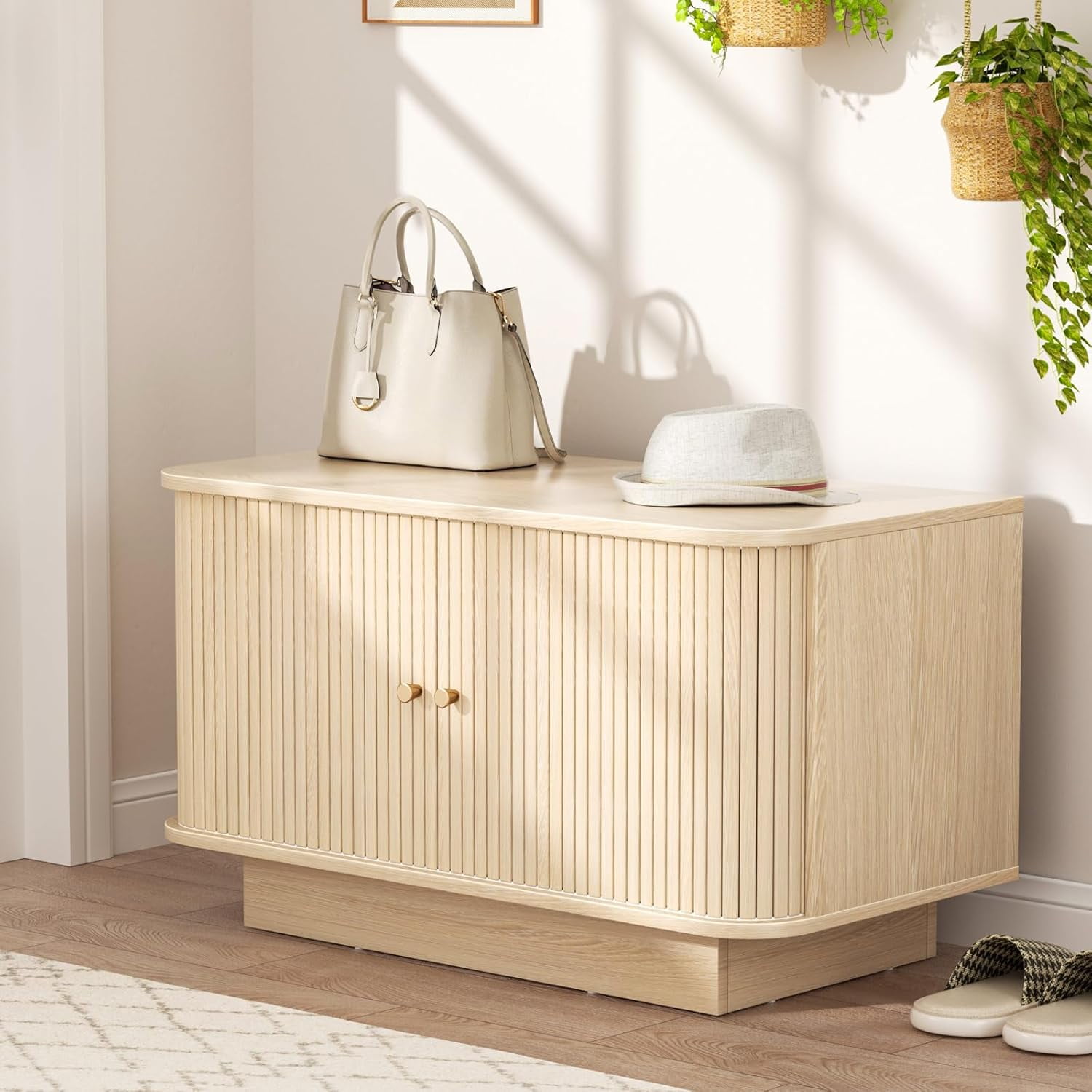 Fluted Shoe Storage Bench, 31" W Small Entryway Bench with Sliding Door ...