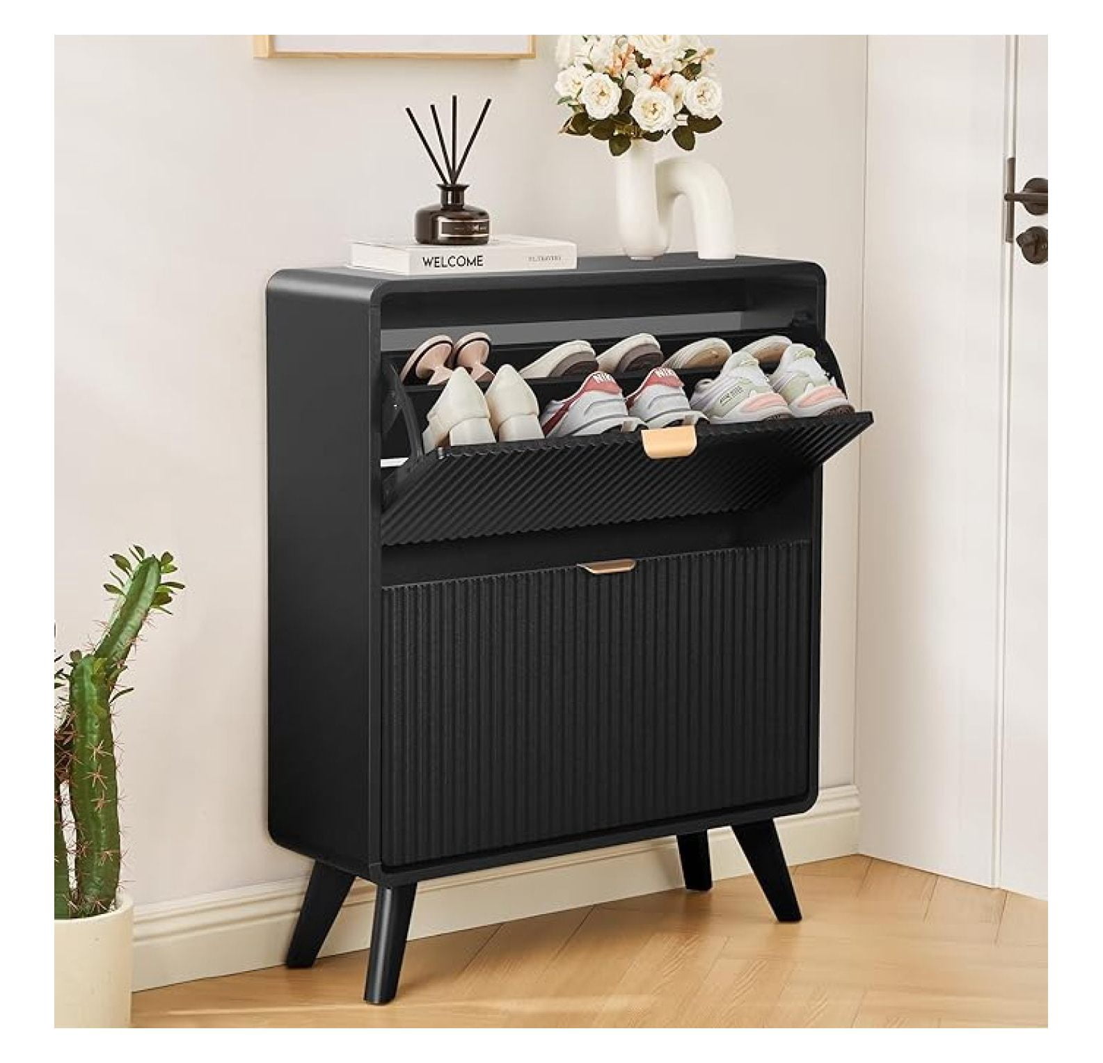 Fluted Shoe Storage Cabinet with 2 Drawers, Narrow Curved Shoe Cabinet ...