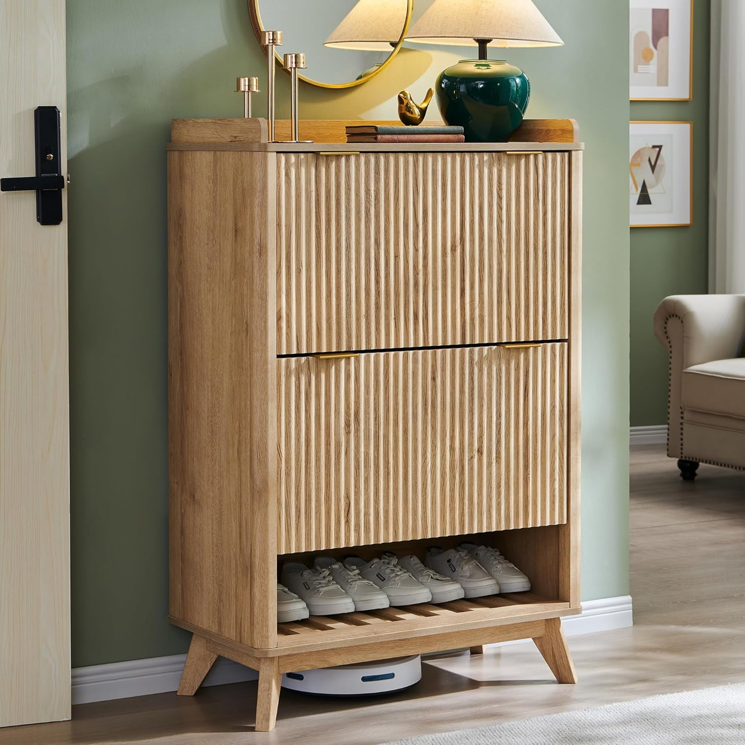 Fluted Shoe Storage Cabinet with 2 Flip Drawers 48" Tall Large Shoe ...