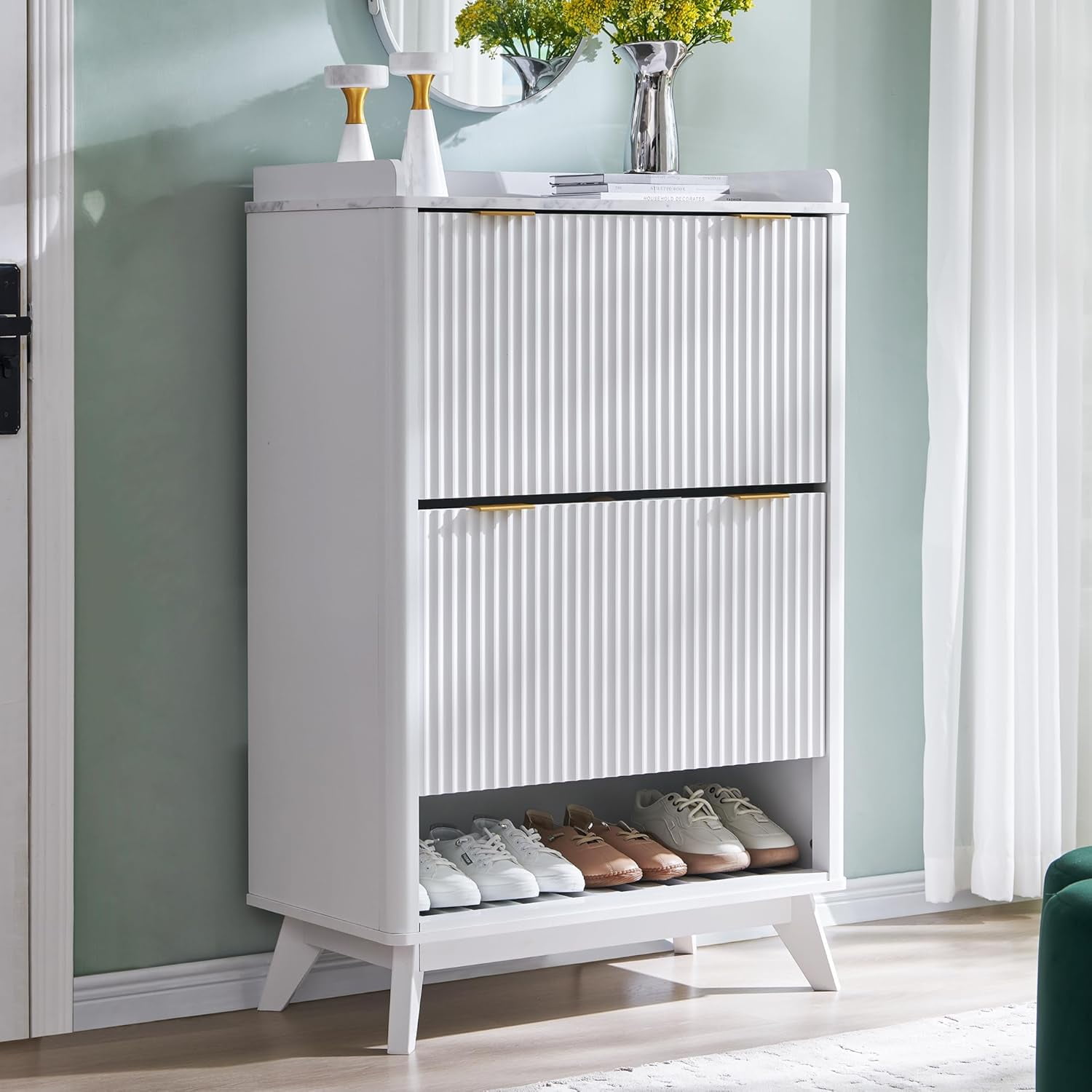 Fluted Shoe Storage Cabinet with 2 Flip Drawers 48" Tall Large Shoe ...