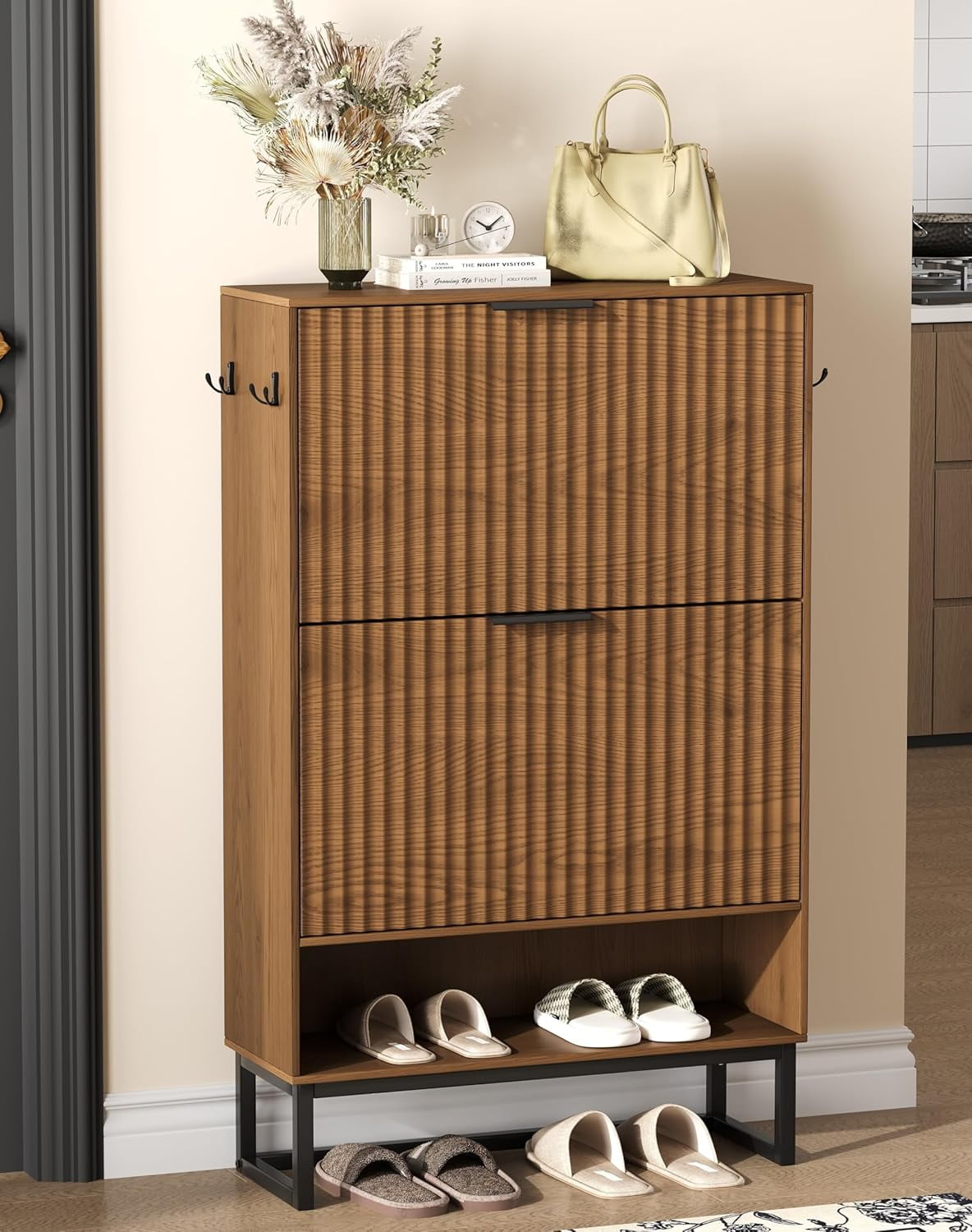 fluted shoe storage cabinet, narrow hidden shoe rack cabinet with metal ...