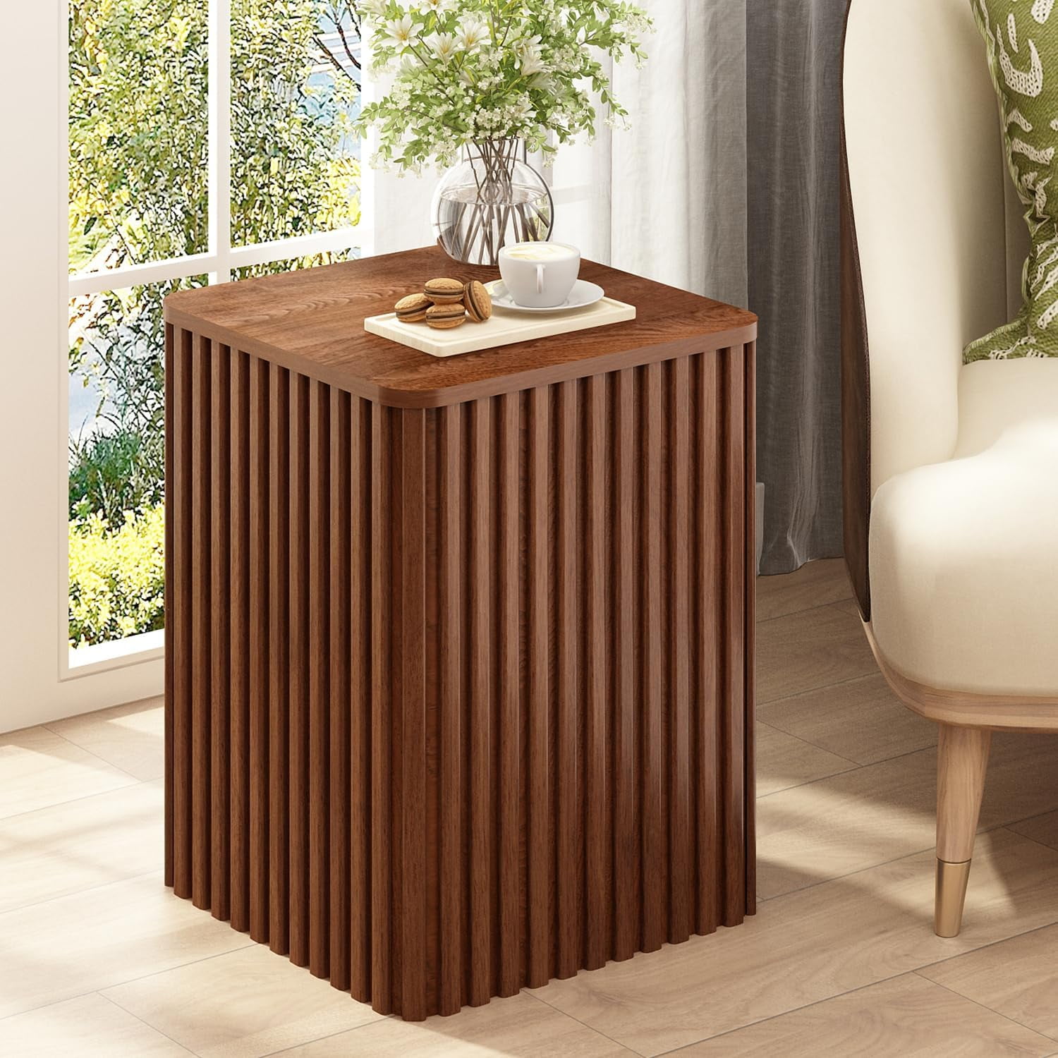 Fluted Side Table with Storage-Small Square End Table with Solid Wood ...