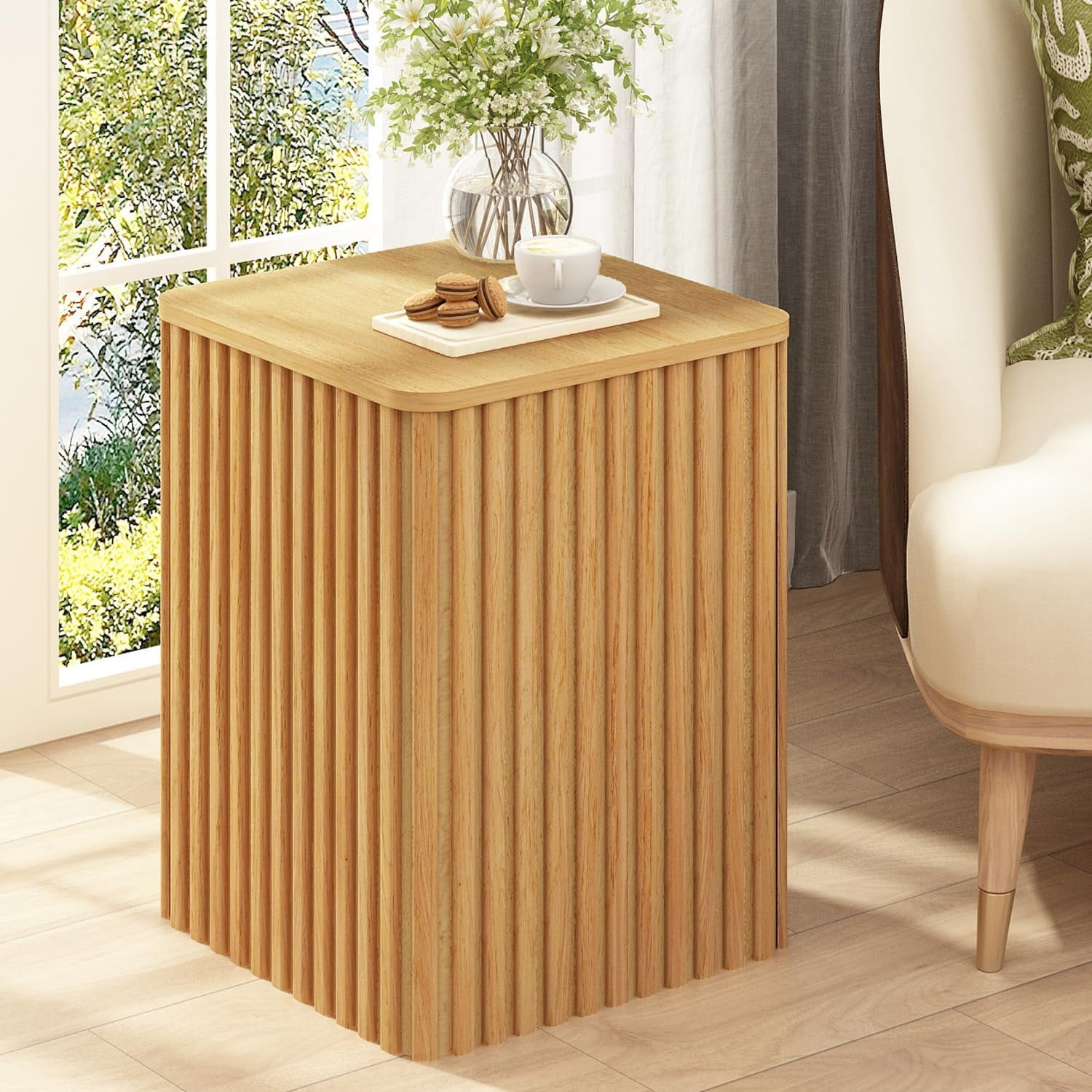 Fluted Side Table with Storage – Small Square End Table with Solid Wood ...