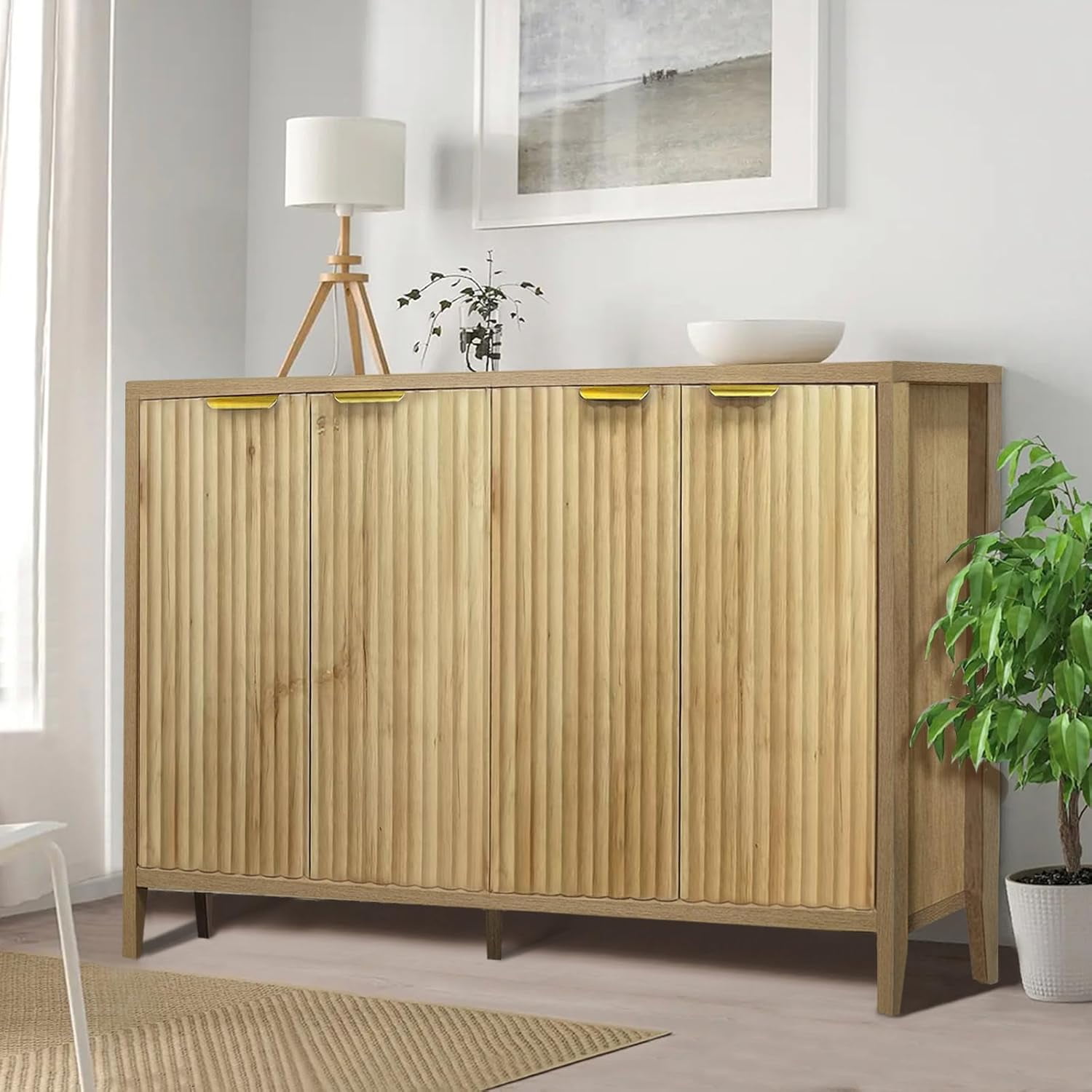 Fluted Sideboard Buffet Cabinet 4 Doors Large Coffee Bar Cabinets with Storage Adjustable ...