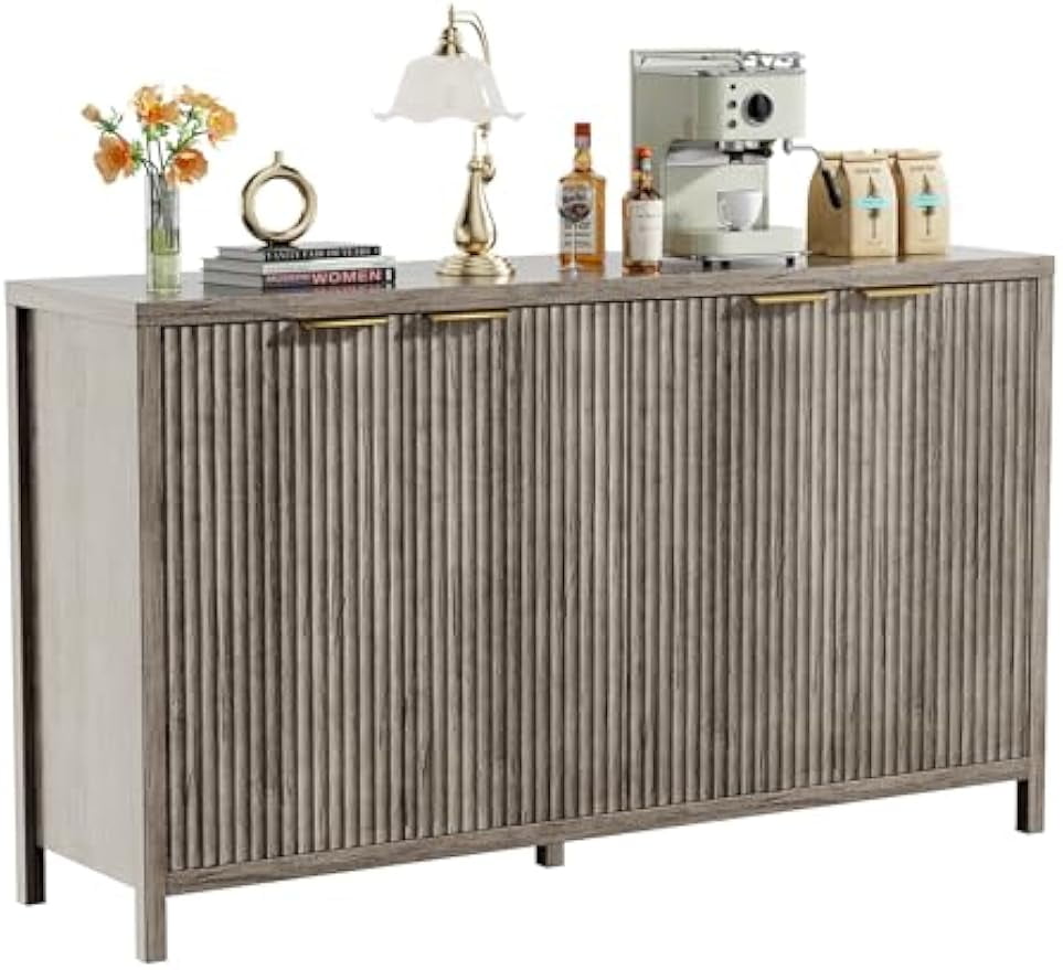 Fluted Sideboard Buffet Cabinet, 55" Large Storage Buffet Cabinet with 4 Doors and Adjustable ...