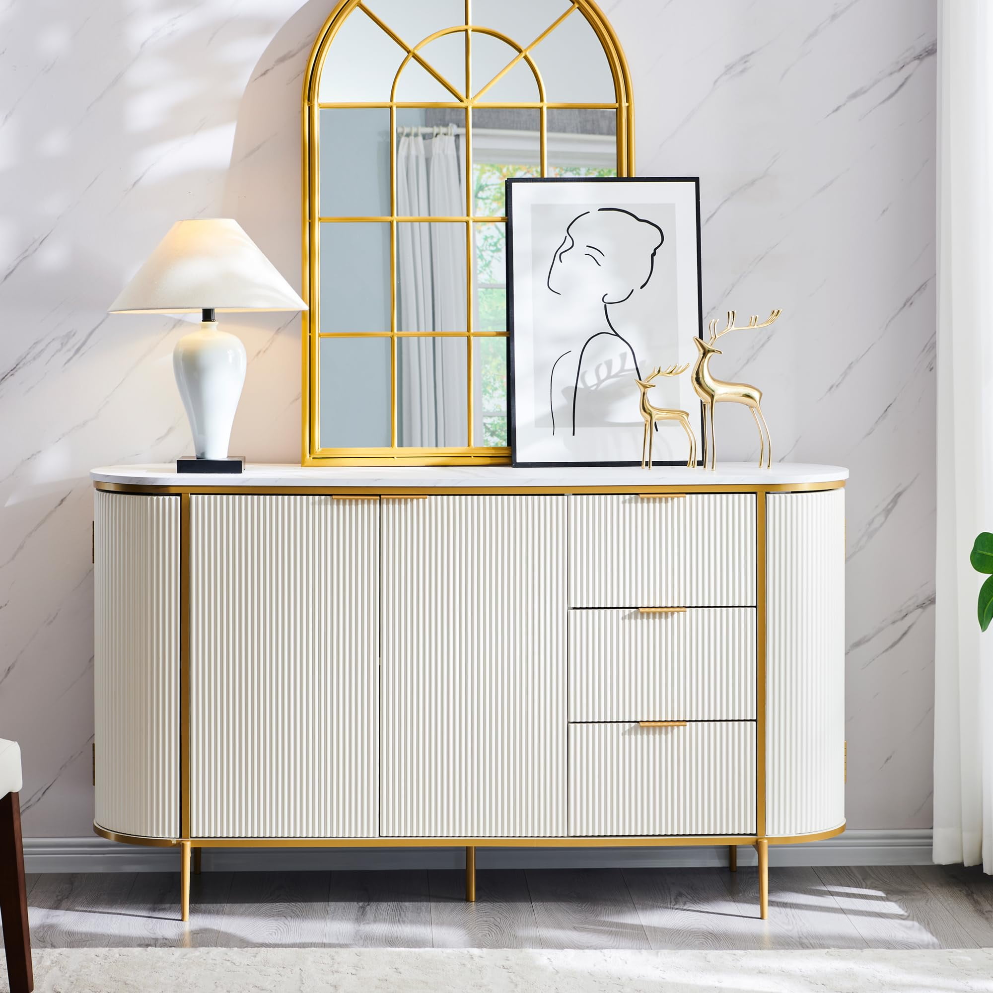 Fluted Sideboard Buffet Cabinet, 60-Inch Modern Storage Console with ...