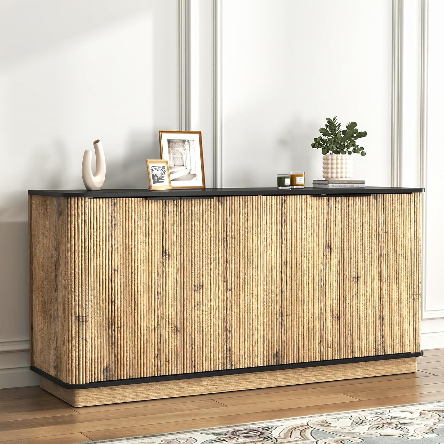 Fluted Sideboard Buffet Cabinet,Kitchen Sideboard with 4 Door ...