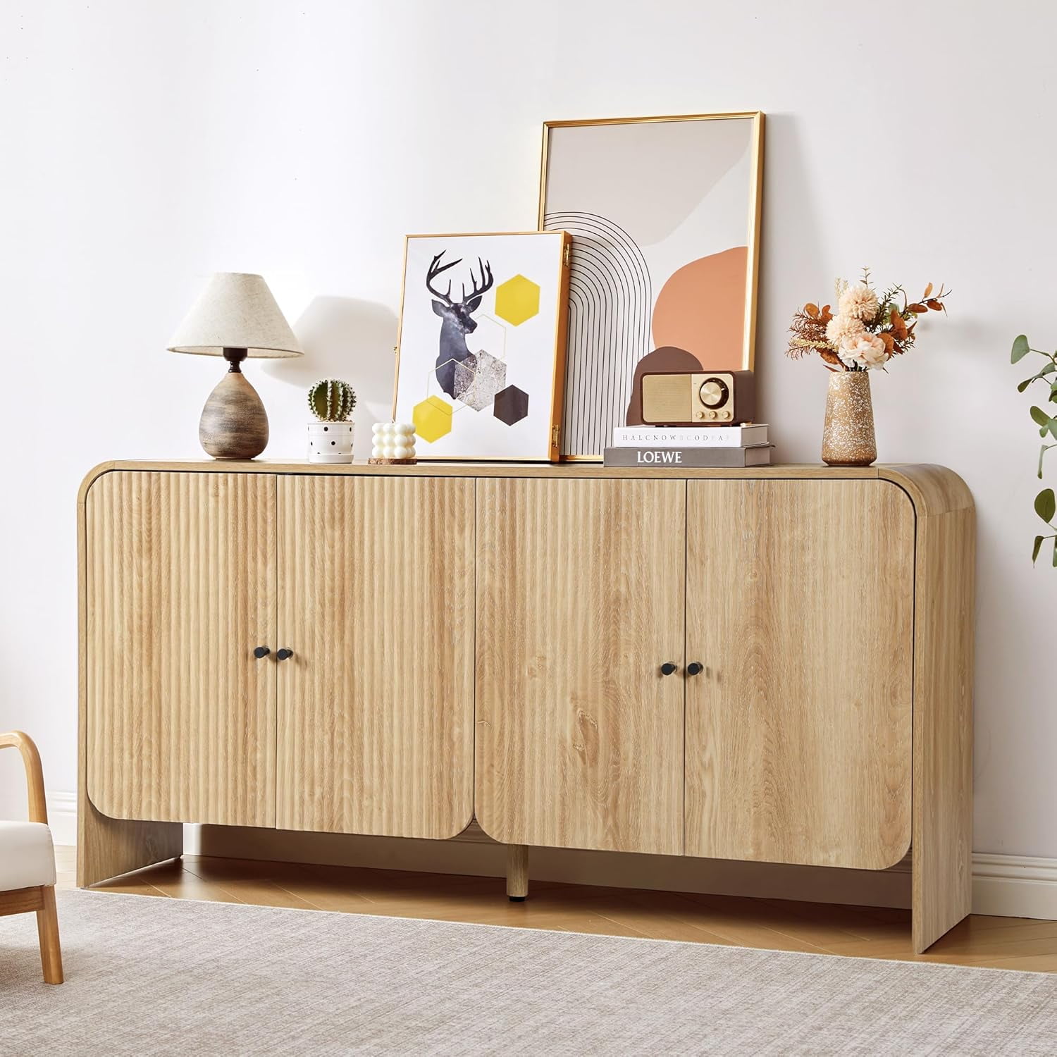Fluted Sideboard Buffet Cabinet with Storage, 59'' Curved Buffet ...