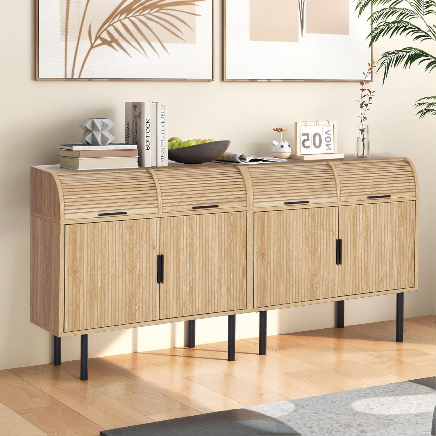 Fluted Sideboard Buffet Cabinet with Storage,Mid Century Modern Sideboard with Tambour Sliding ...