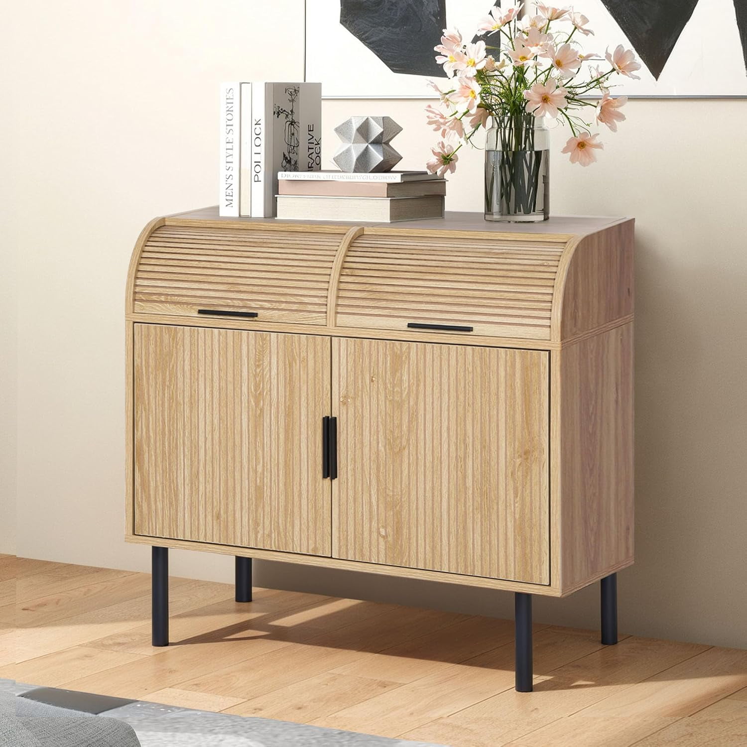 Fluted Sideboard Buffet Cabinet with Storage,Mid Century Modern Sideboard with Tambour Sliding ...