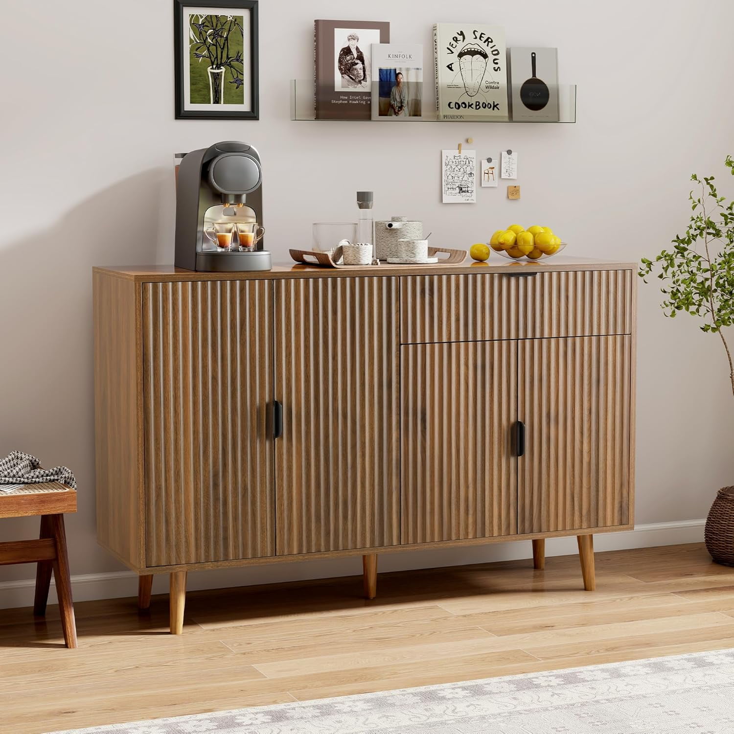 Fluted Sideboard Buffet Cabinet with Storage, Mid Century Modern ...