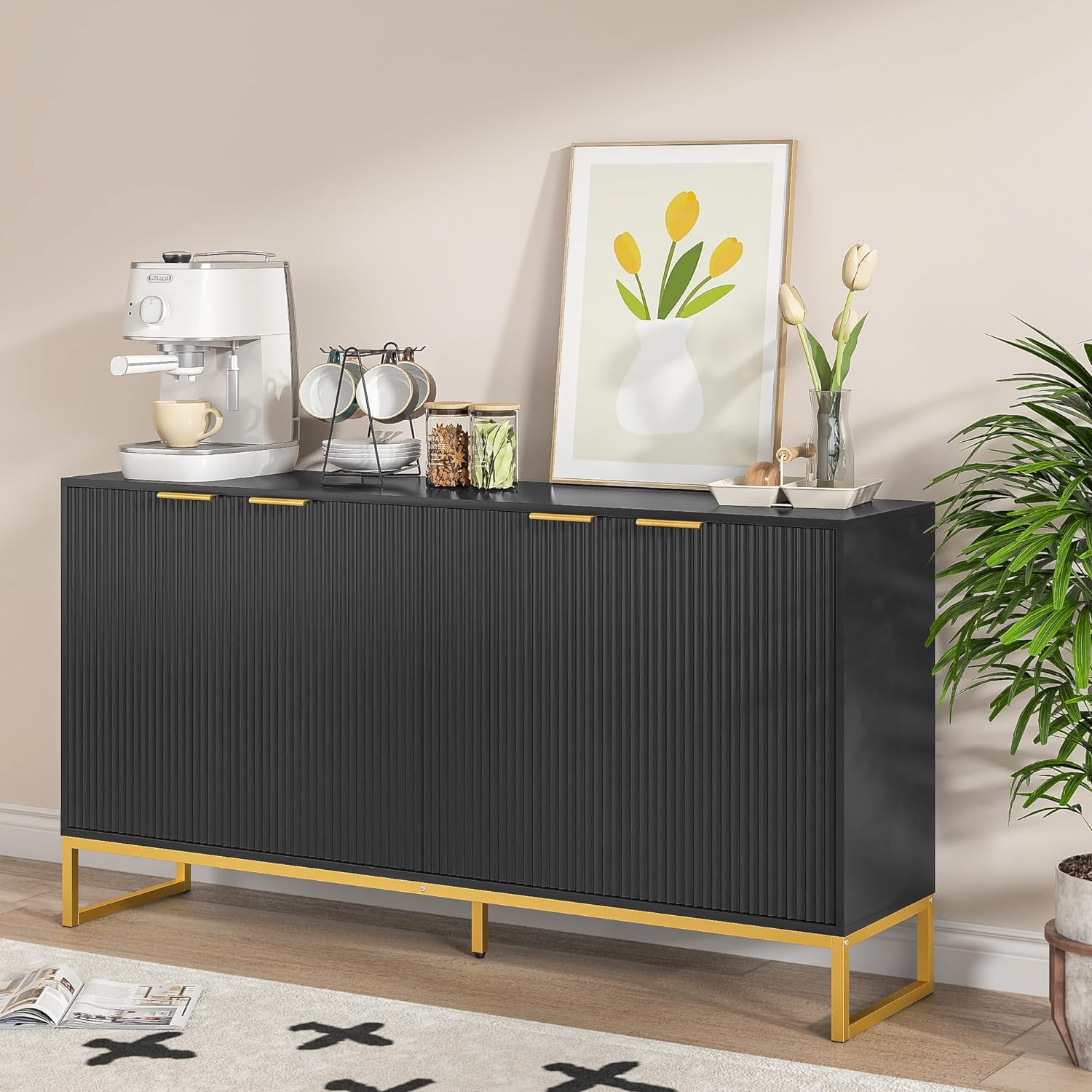 Fluted Sideboard Buffet Cabinet with Storage Modern 4 Door Fluted ...