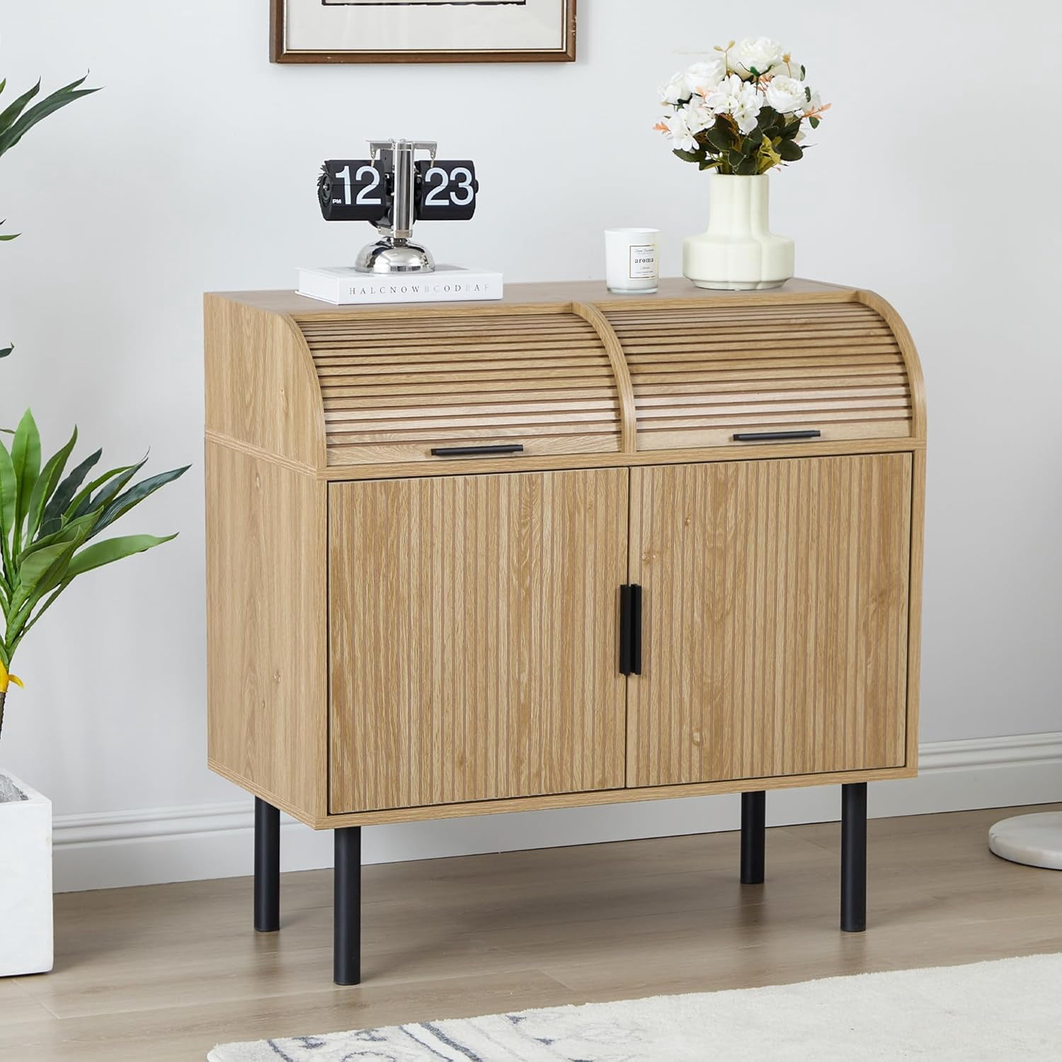Fluted Sideboard Buffet Cabinet with Tambour Sliding Drawer, Small ...