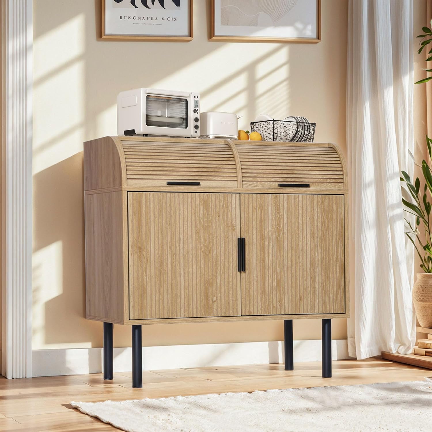 Fluted Sideboard Buffet Cabinet with Tambour Sliding Drawer, Small ...