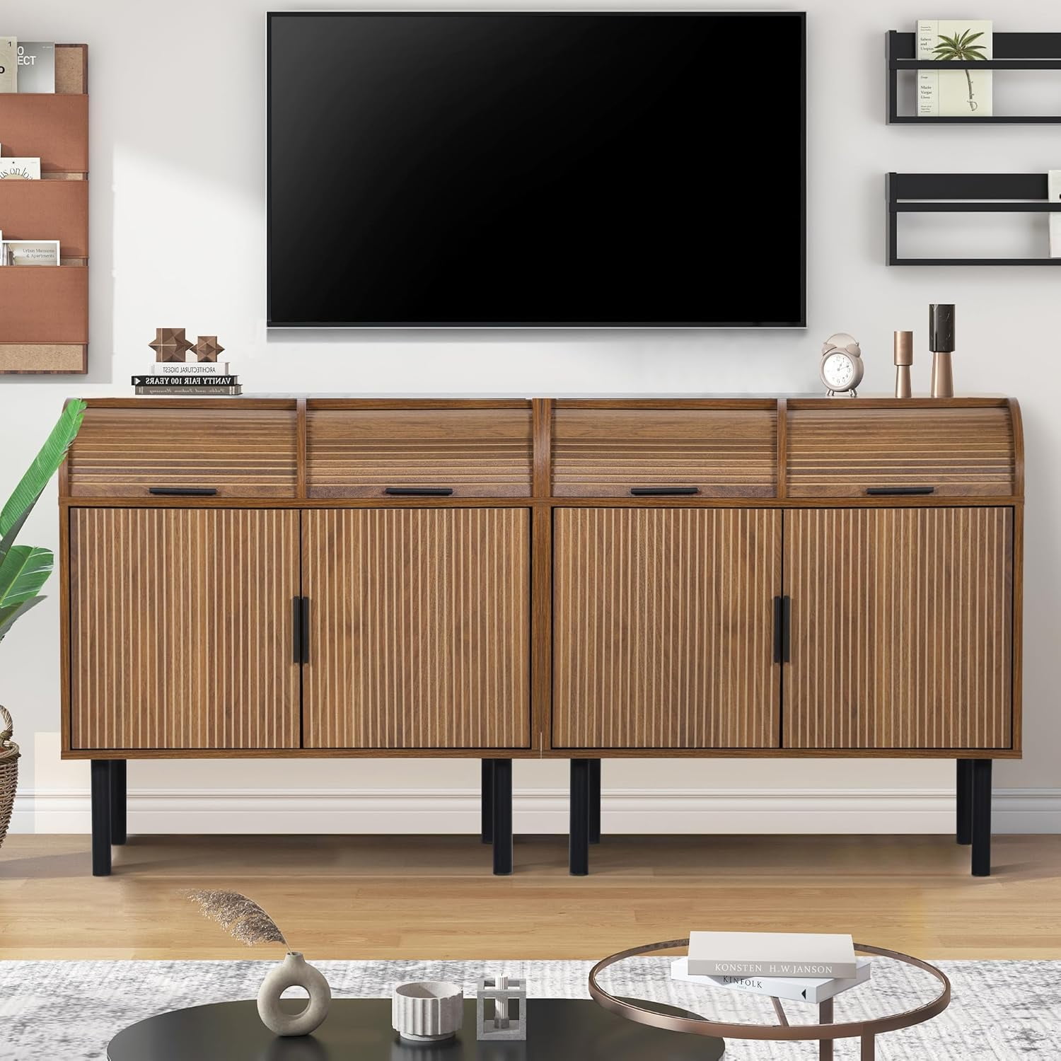 Fluted Sideboard Buffet Cabinet with Tambour Sliding Drawer, Small ...