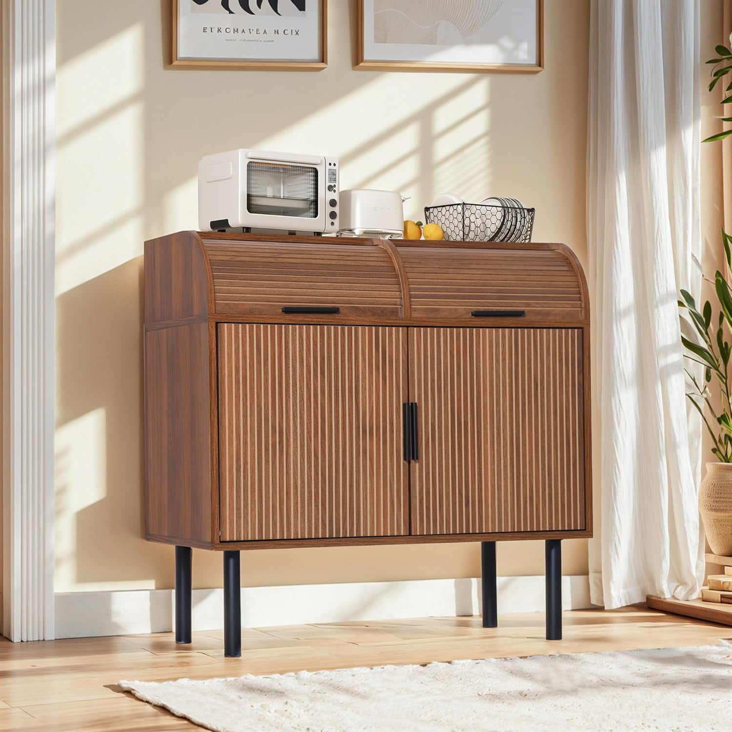 Fluted Sideboard Buffet Cabinet with Tambour Sliding Drawer, Small Buffet with 2 Doors, Mid ...