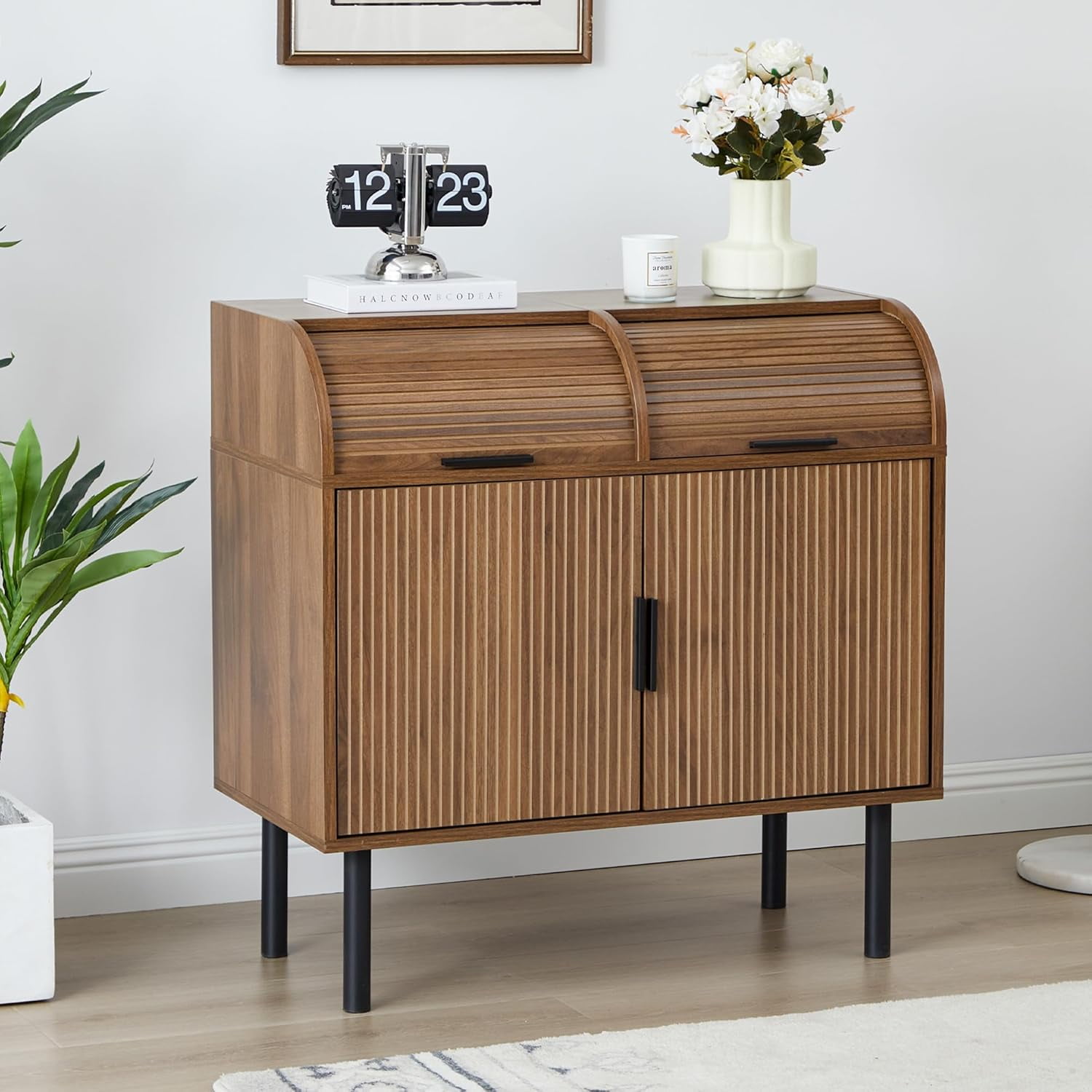 Fluted Sideboard Buffet Cabinet with Tambour Sliding Drawer, Small Buffet with 2 Doors, Mid ...