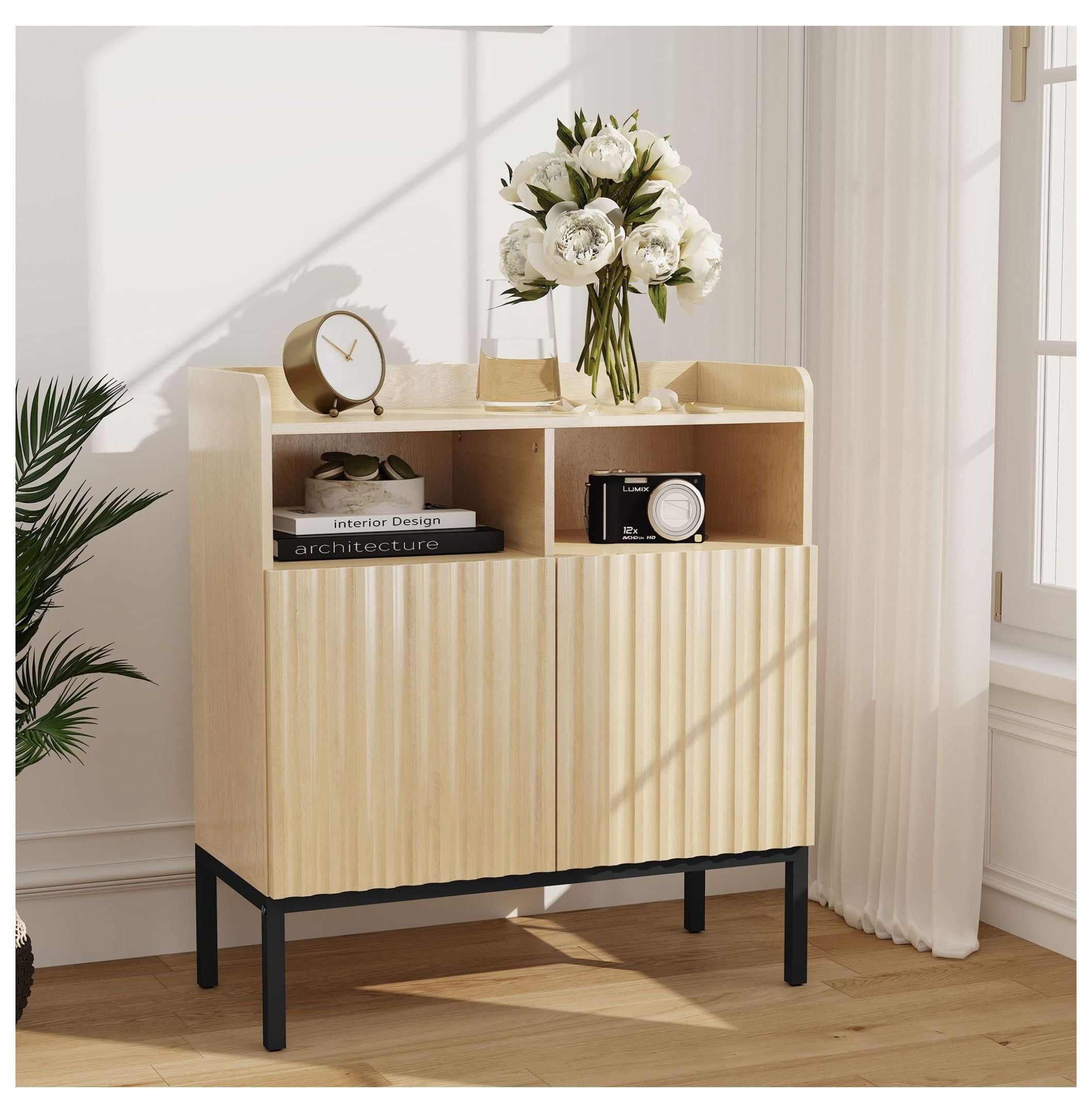 Fluted Sideboard Cabinet with Storage, Rustic Industrial Buffet Cabinet ...