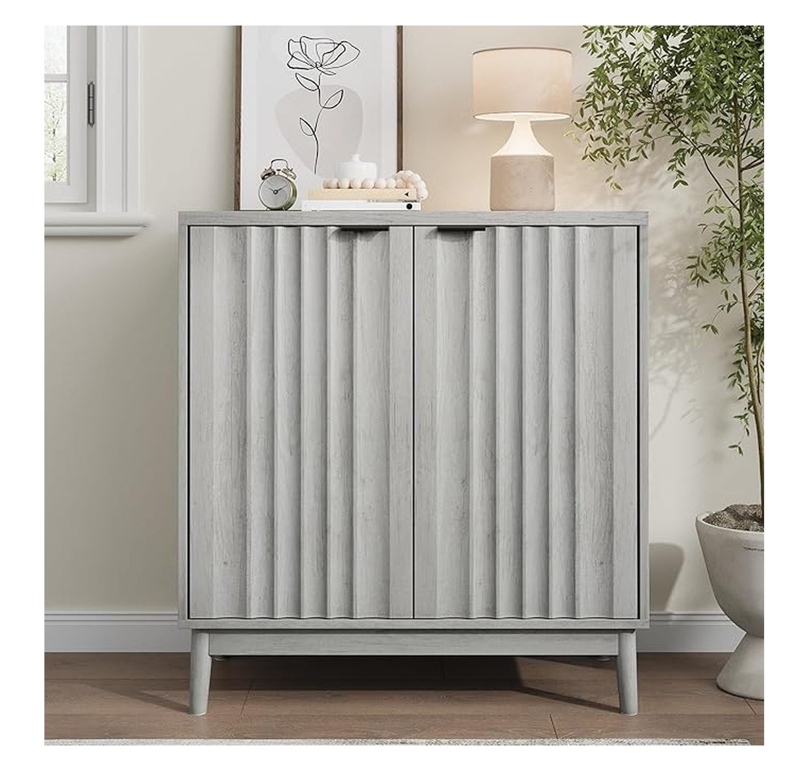 Fluted Sideboard Cabinet, Wash Grey Buffet Cabinet with Adjustable ...