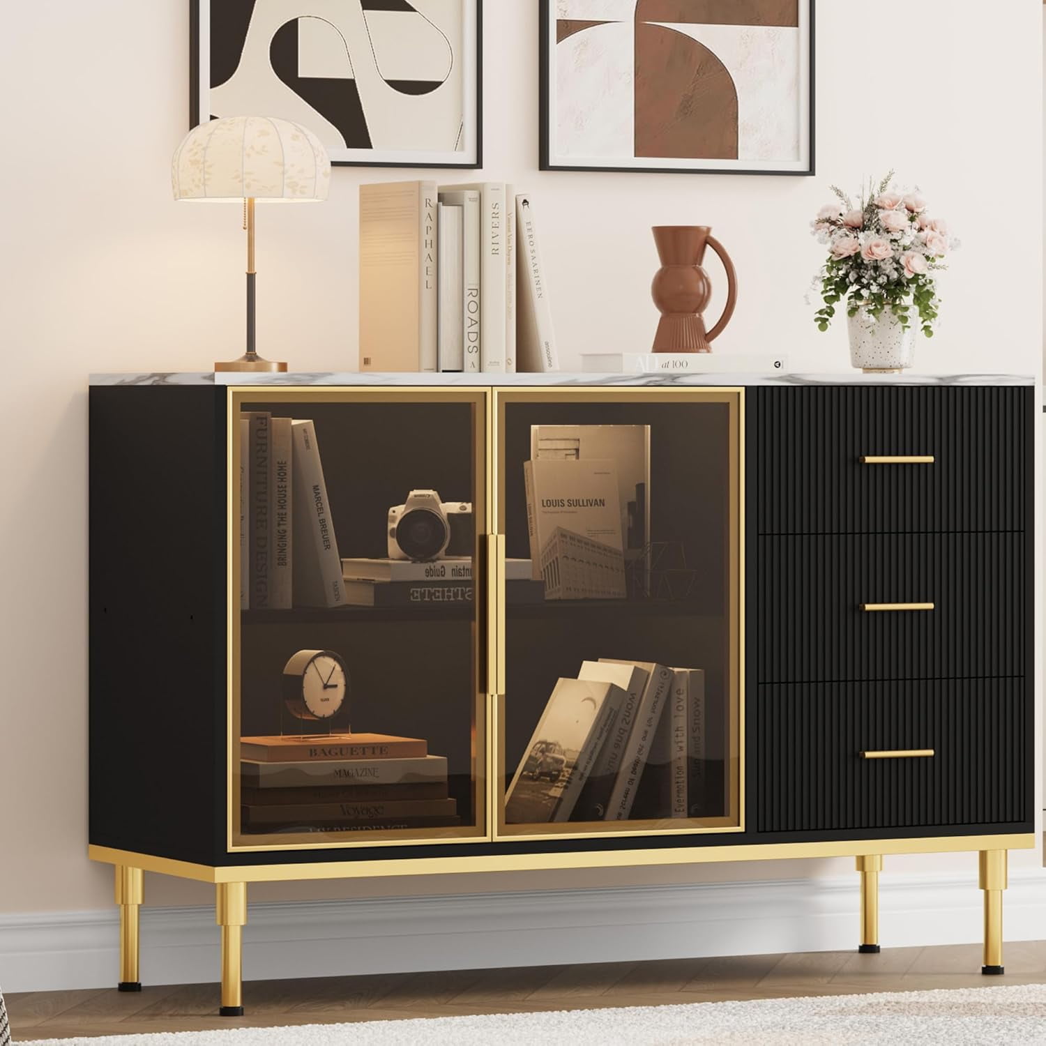 Fluted Sideboards Buffets Cabinet with Glass Doors, 3 Drawers, Marble ...