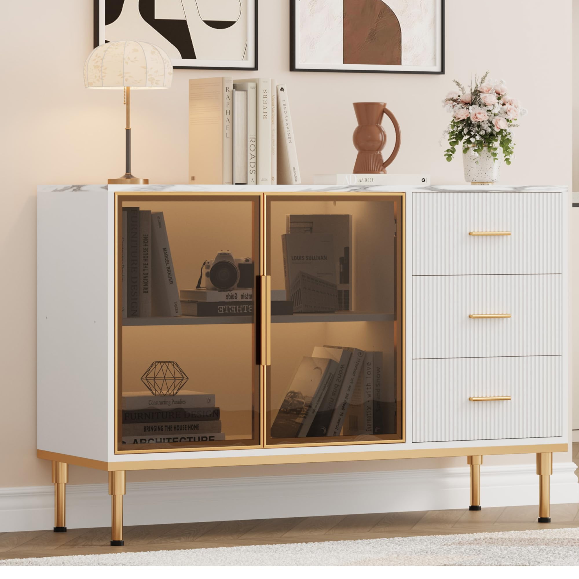 Fluted Sideboards Buffets Cabinet with Glass Doors, 3 Drawers, Marble ...