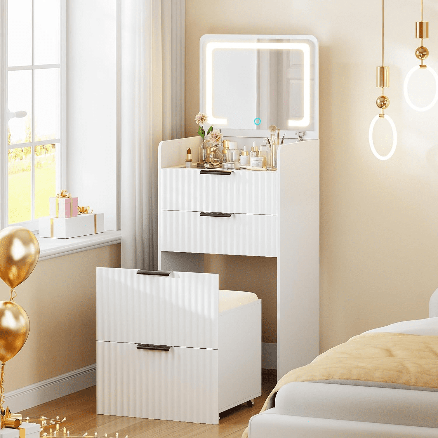 Fluted Small Vanity with Mirror and Lights 3-in-1 Compact Makeup Vanity ...