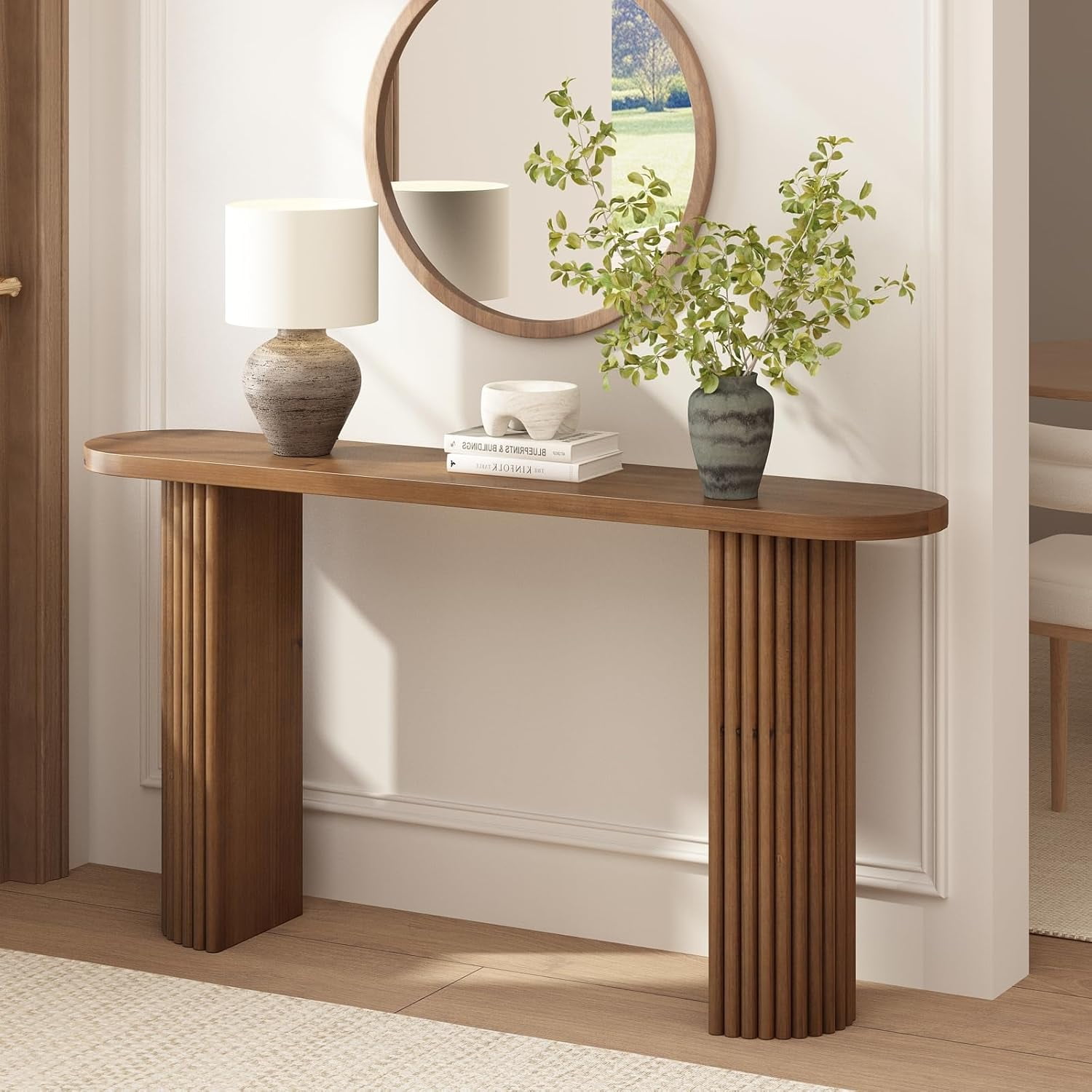 Fluted Solid Wood Console Table-55 Long Farmhouse Entryway Table with ...