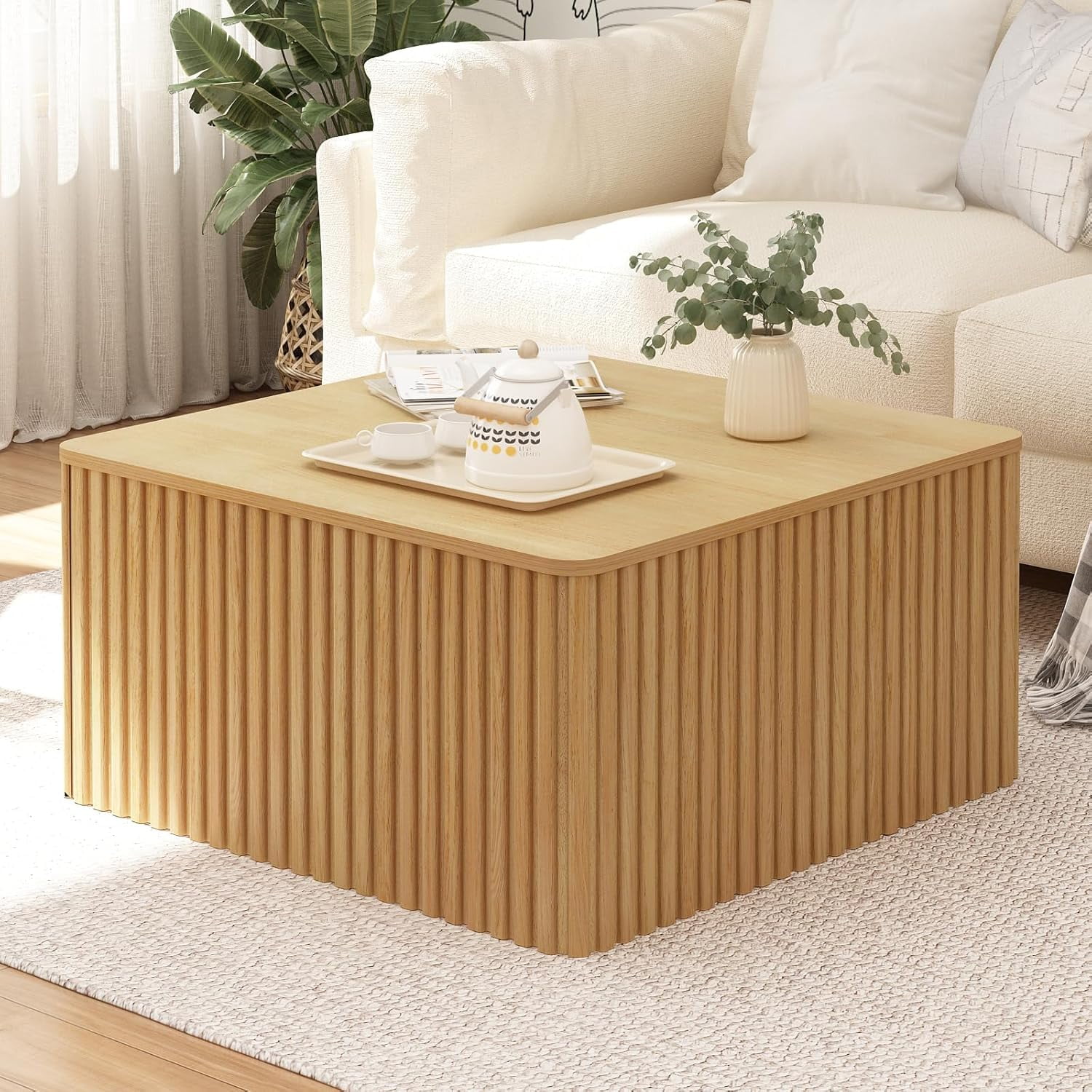 Fluted Square Coffee Table with Storage-Large Wood Center Table with ...
