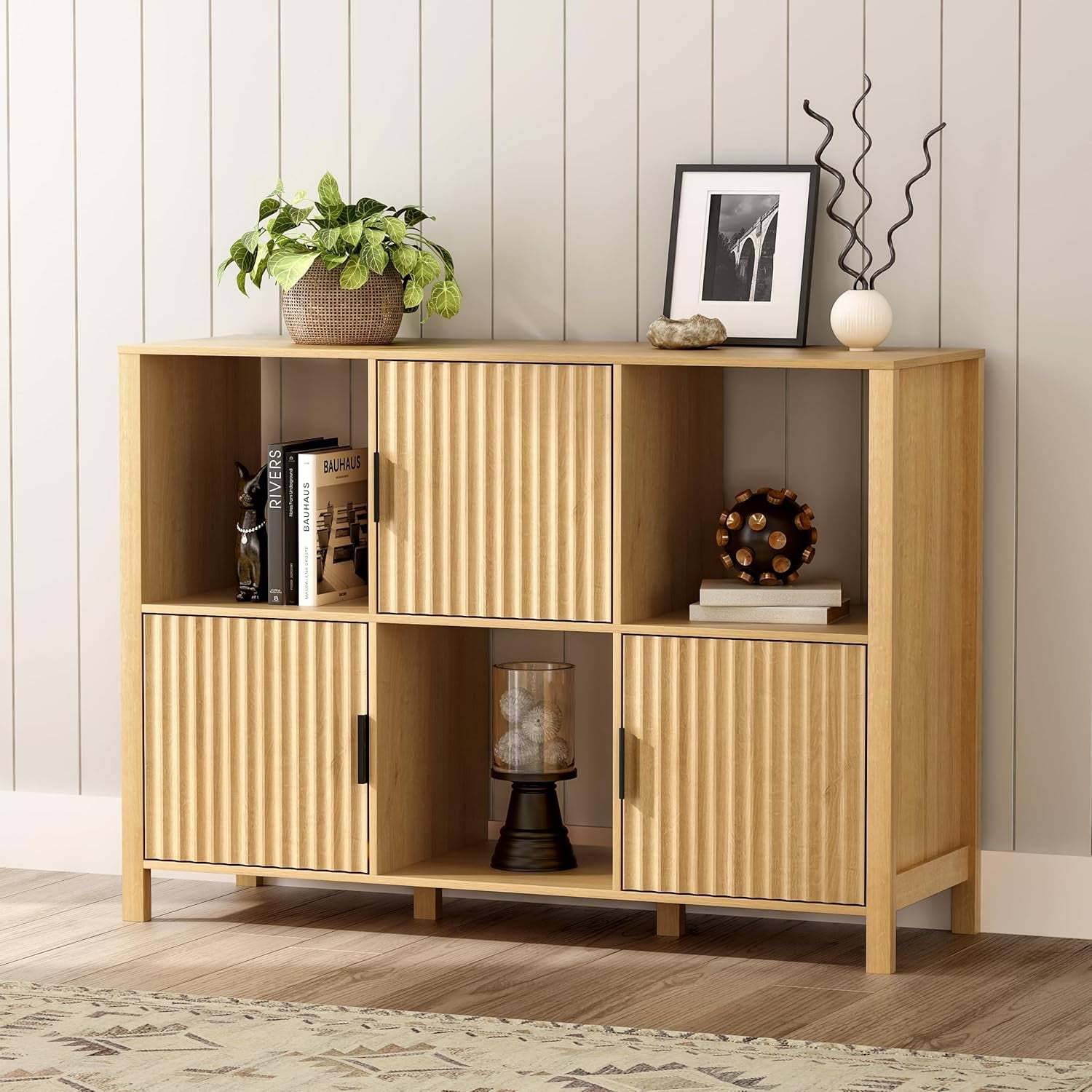 Fluted Storage Bookshelf, Modern Wooden 6 Cube Bookcase with Doors and ...