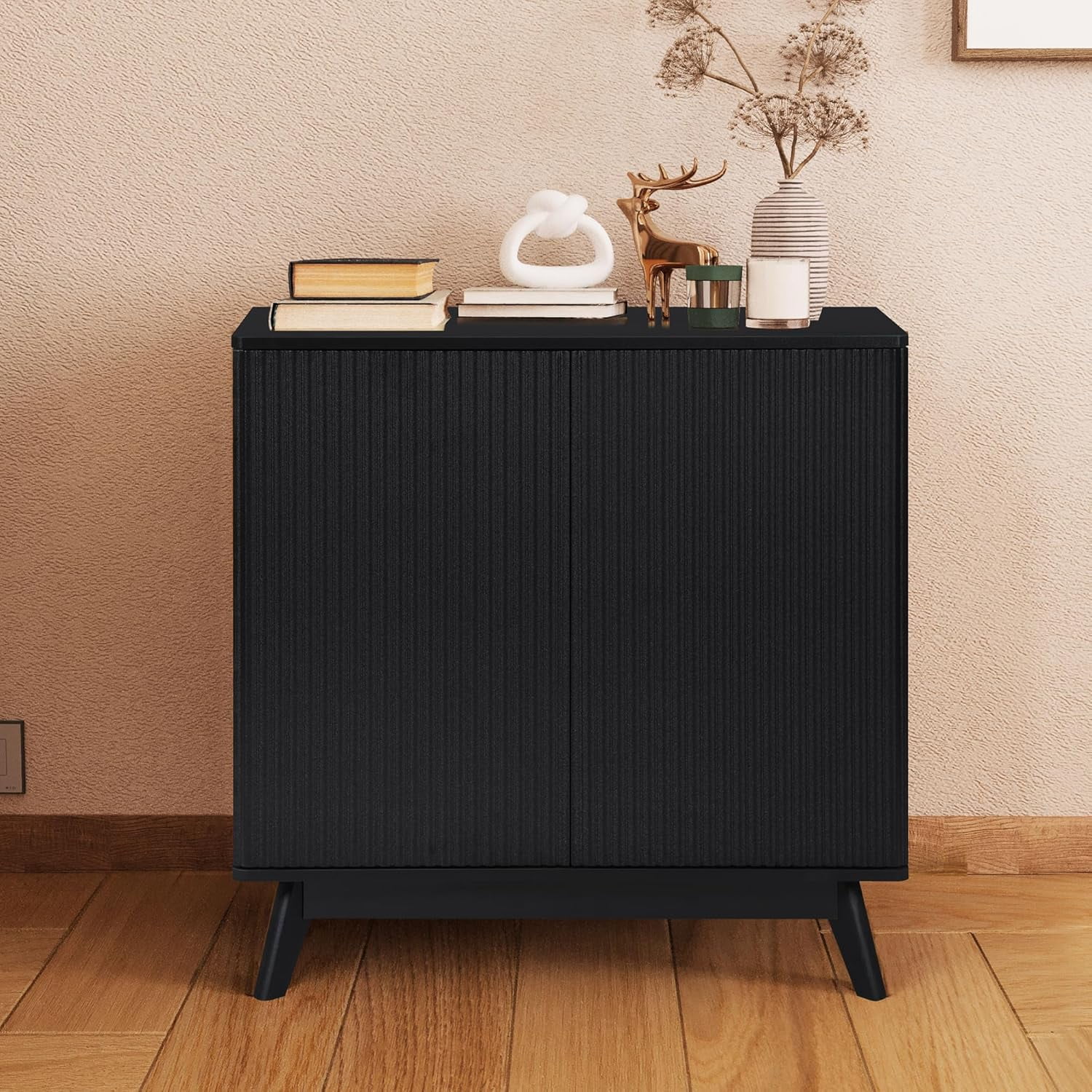 Fluted Storage Cabinet with 2 Doors and Adjustable Shelves, Mid Century Modern Credenza ...