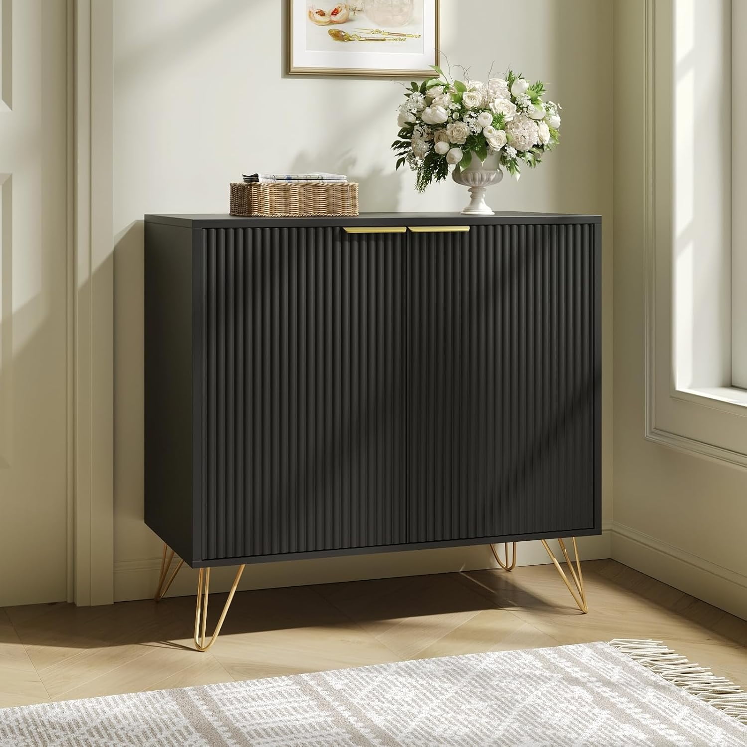 Fluted Storage Cabinet, 2 Doors Sideboard Buffet Cabinet, Modern Wood ...