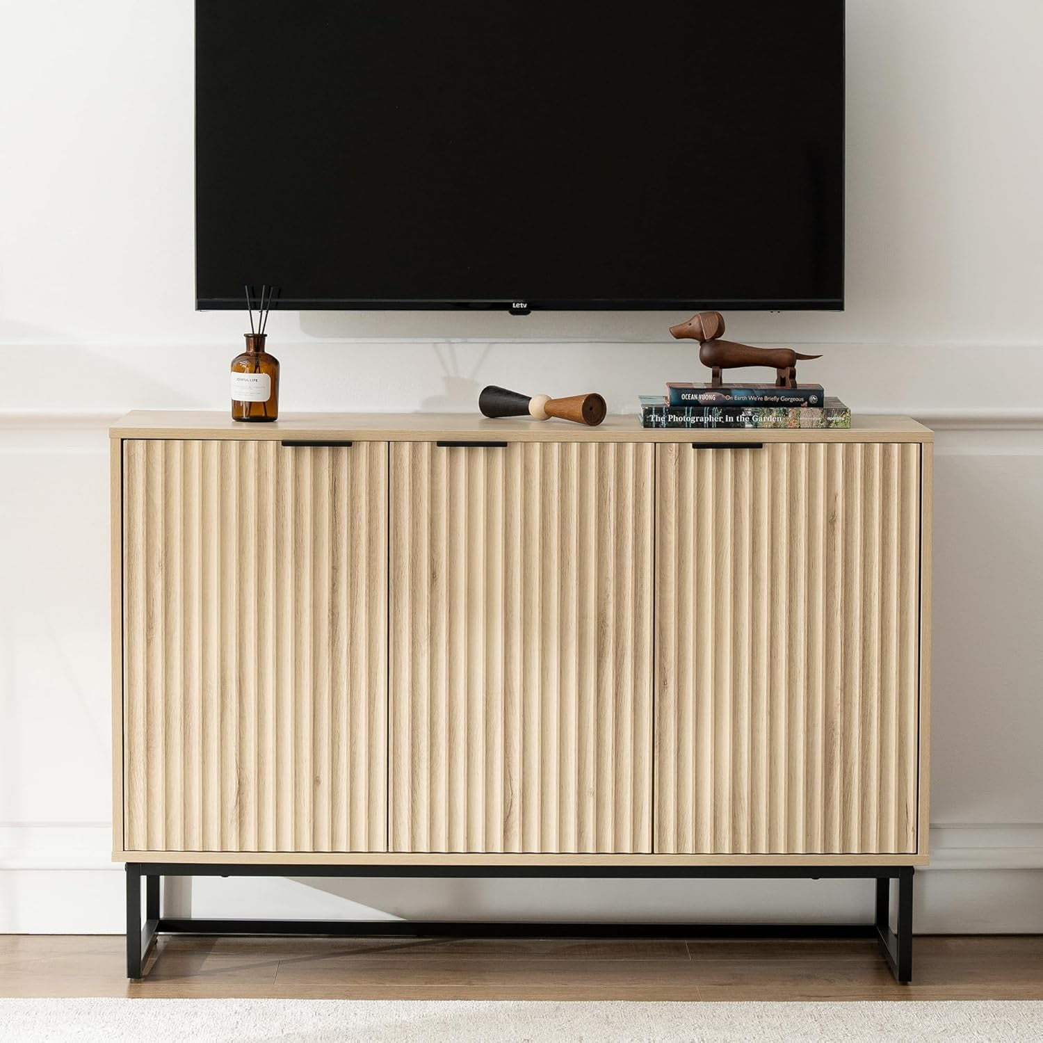 Fluted Storage Cabinet with 3 Doors, Sideboard Buffet Cabinets with ...