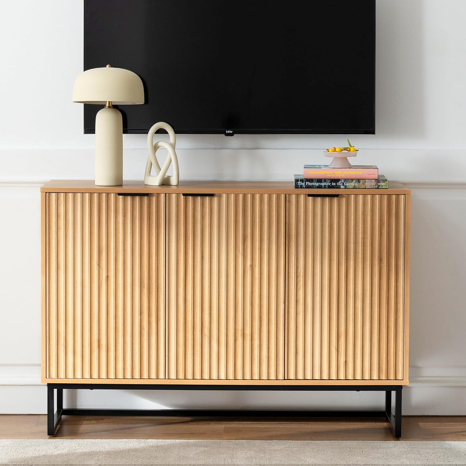 Fluted Storage Cabinet with 3 Doors, Sideboard Buffet Cabinets with ...