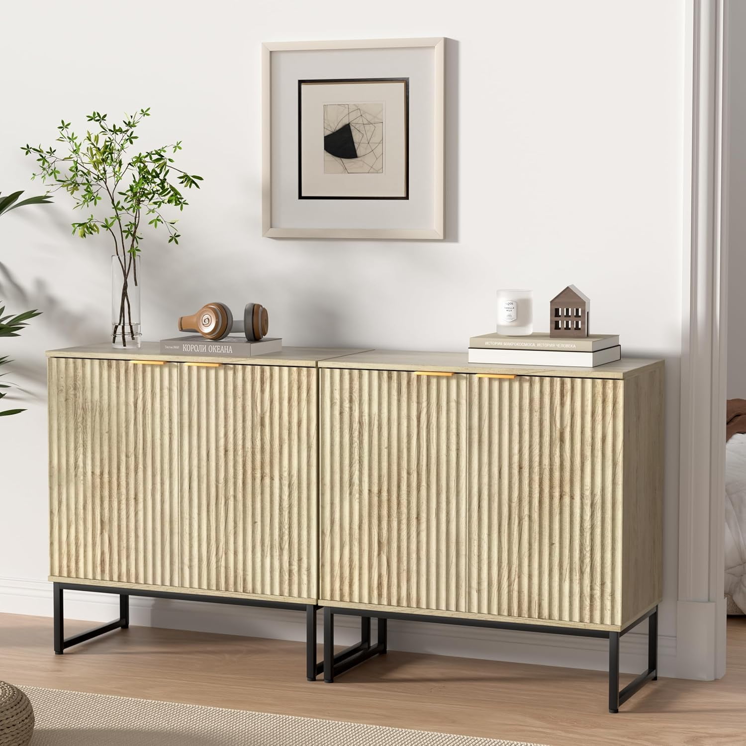Fluted Storage Cabinet 31.5\u201C Wooden Sideboards Buffet Boho Accent ...