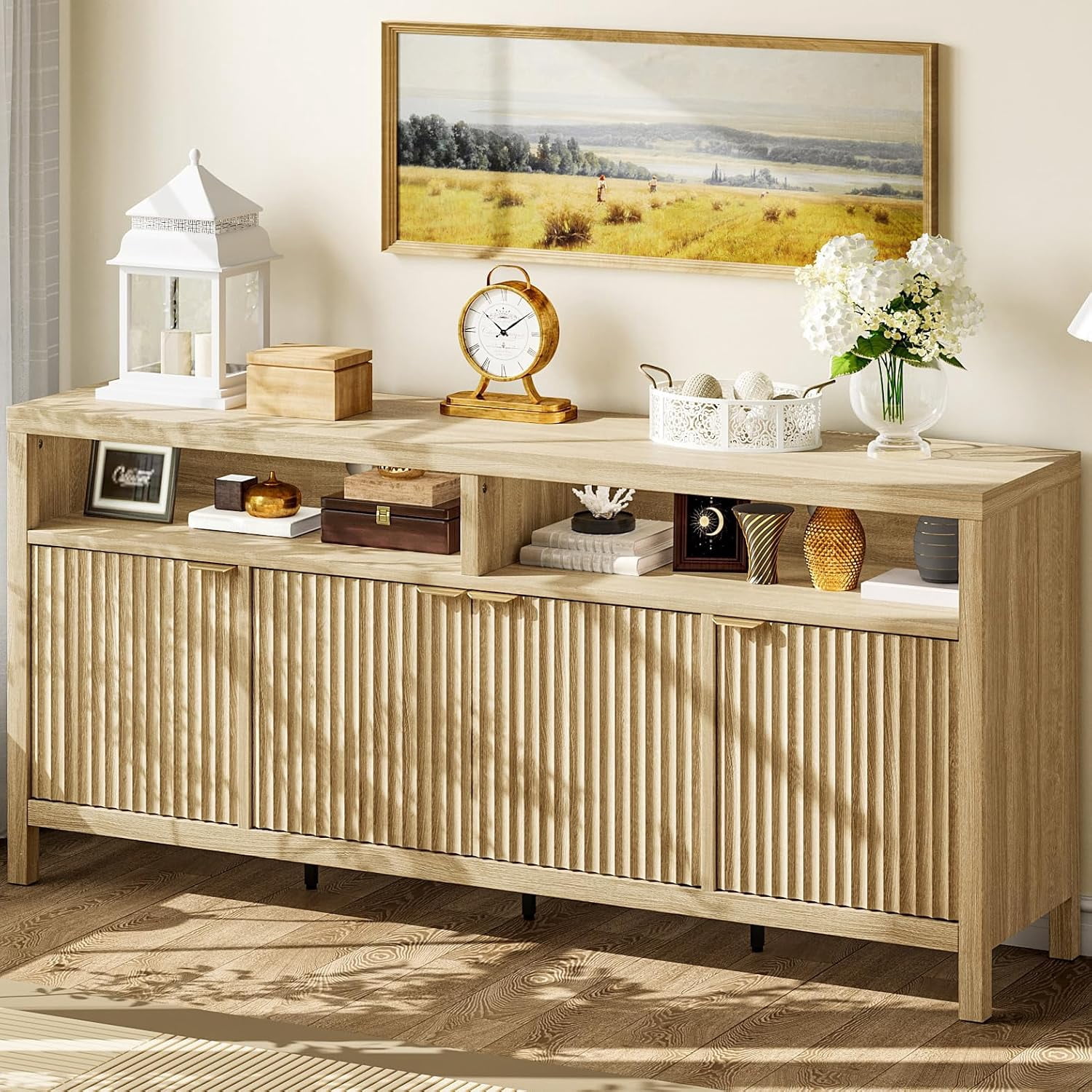 Fluted Storage Cabinet 65.8" Adjustable 3-Tier, Modren Entryway ...