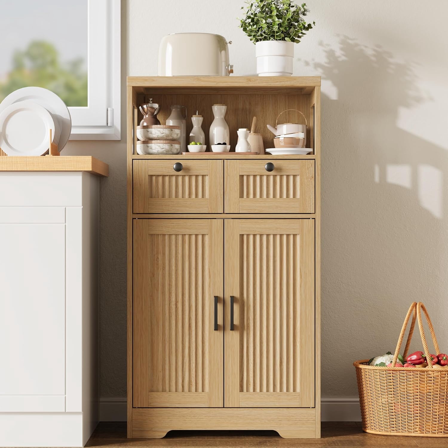 Fluted Storage Cabinet with Doors & Drawers, Kitchen Pantry Storage ...