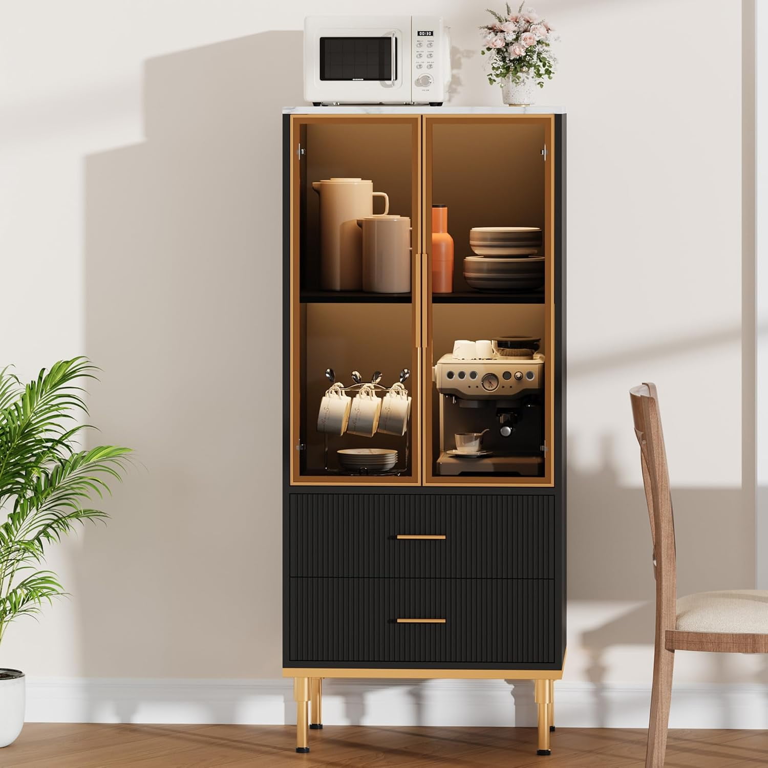 Fluted Storage Cabinet with Glass Door and 2 Drawers, Modern Display ...