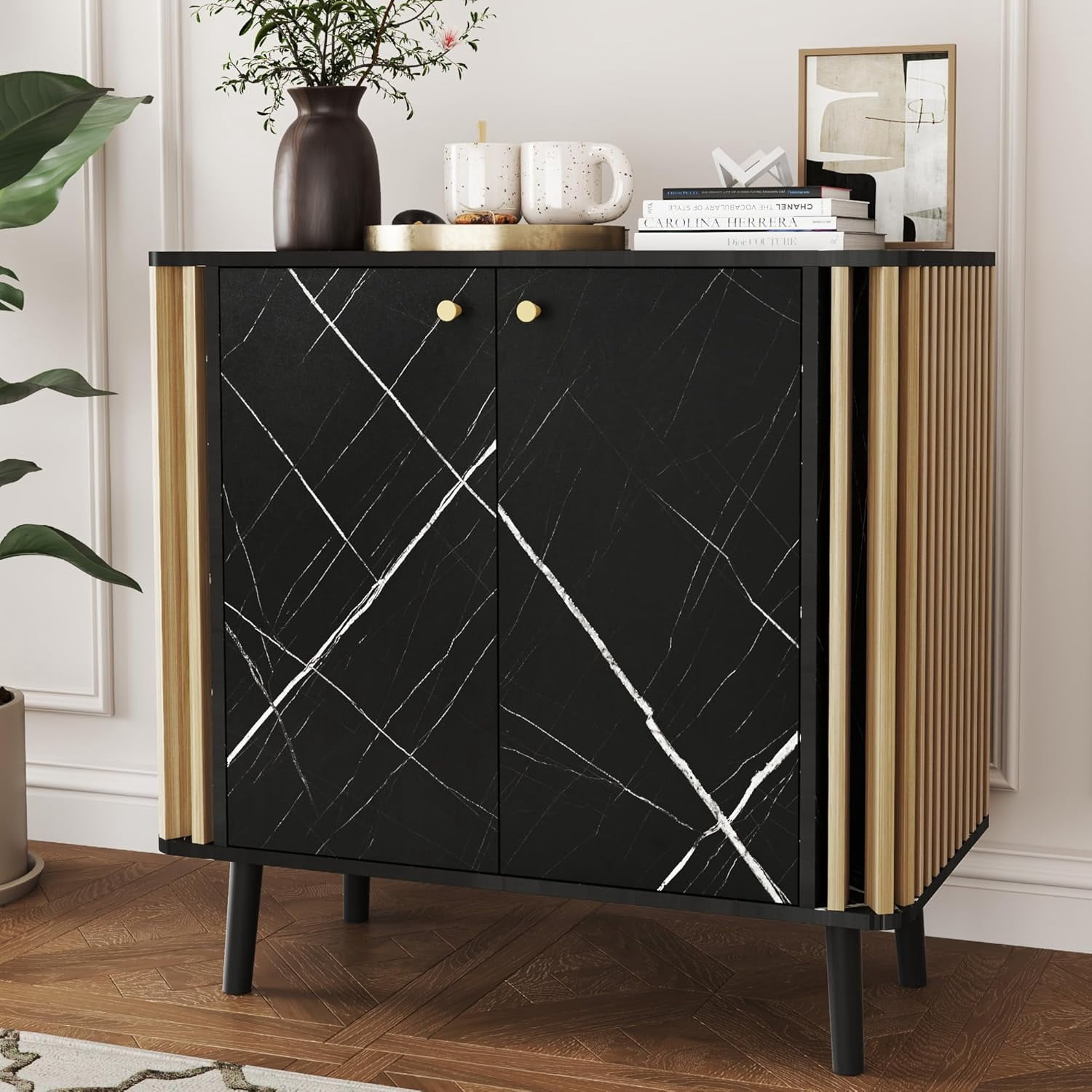 Fluted Storage Cabinet, Modern Marble Texture Accent Buffet Cabinet ...