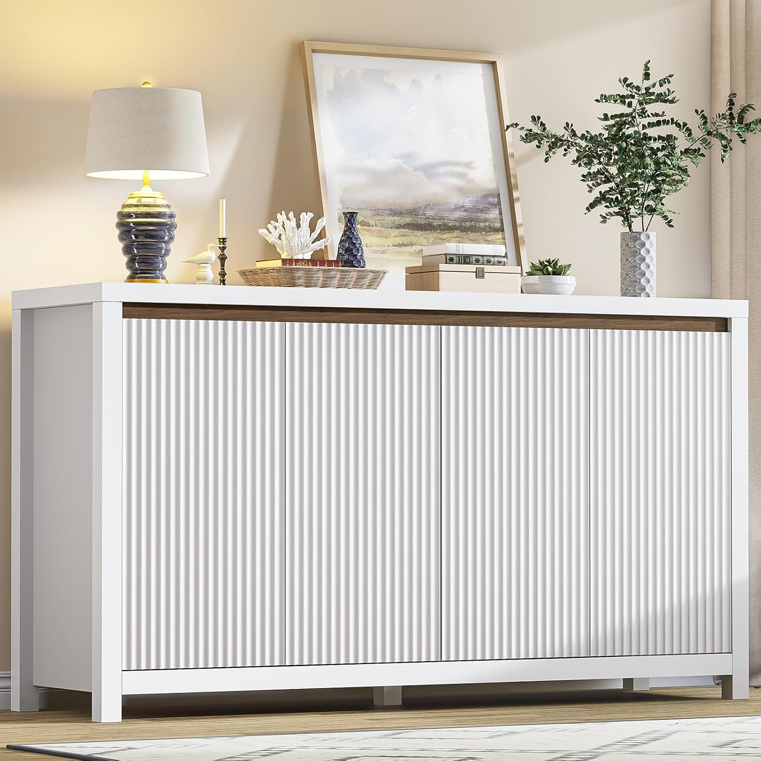 Fluted Storage Cabinet, Modern White Sideboard with 4 Doors and Adjustable Shelves, Wood ...