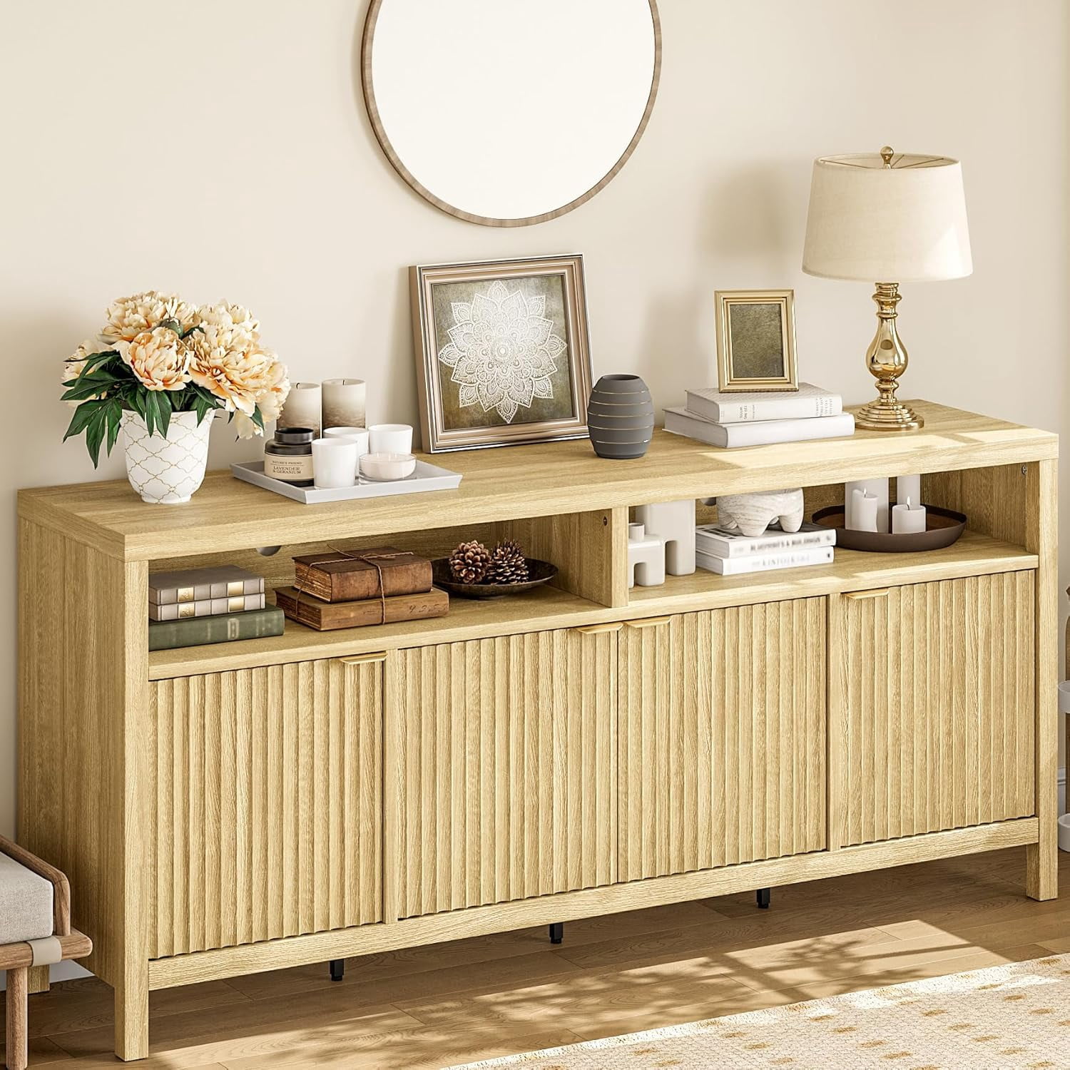 Fluted Storage Cabinet with Open Shelf,65" Morden Buffet Sideboard ...
