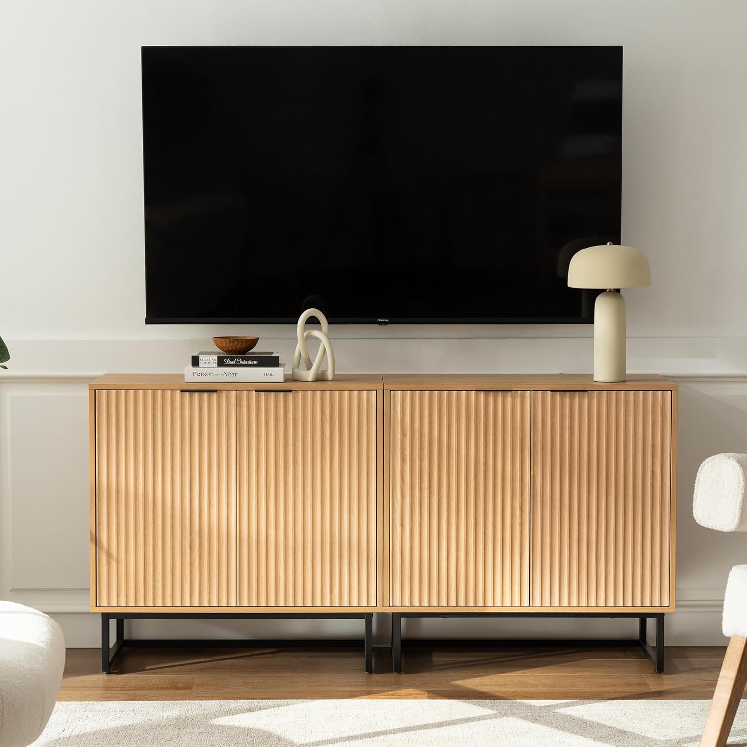 Fluted Storage Cabinet Set of 3, Modern Accent Cabinets with Adjustable ...