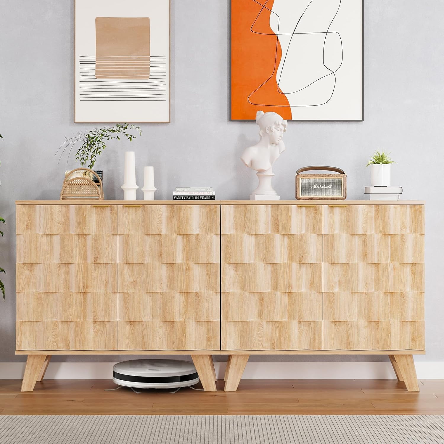 Fluted Storage Cabinet Sideboard Buffet Cabinet with Adjustable Shelf ...